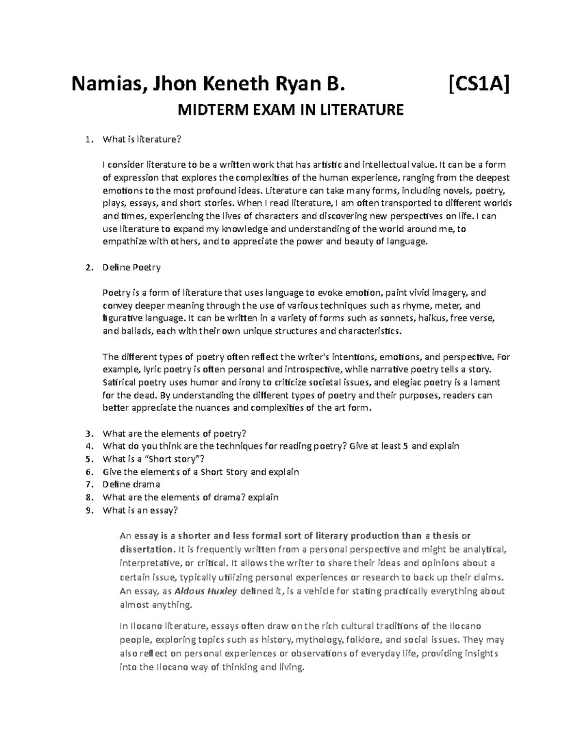 Namias - Midterm EXAM in Literature - Namias, Jhon Keneth Ryan B. [CS1A] MIDTERM EXAM IN ...