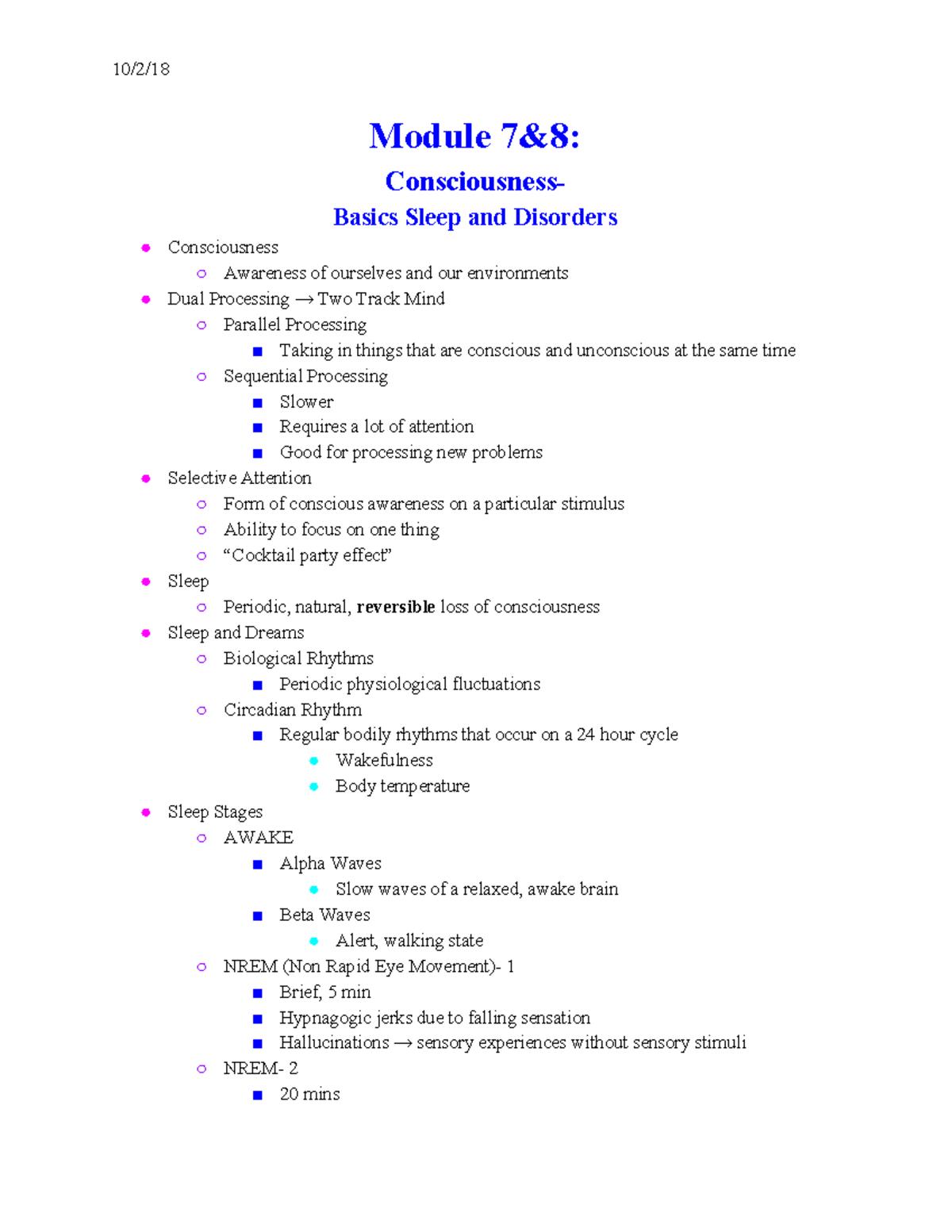 Module 7+8 for Intro to Psych - Module ConsciousnessBasics Sleep and ...