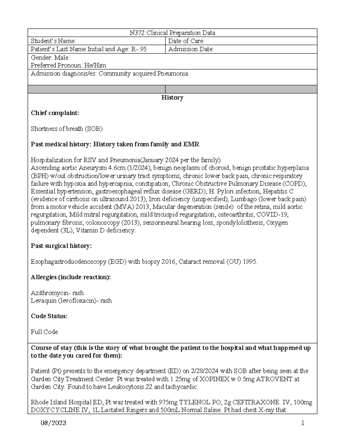 Clinical Prep 2 - Prep example - N372 Clinical Preparation Data Student ...