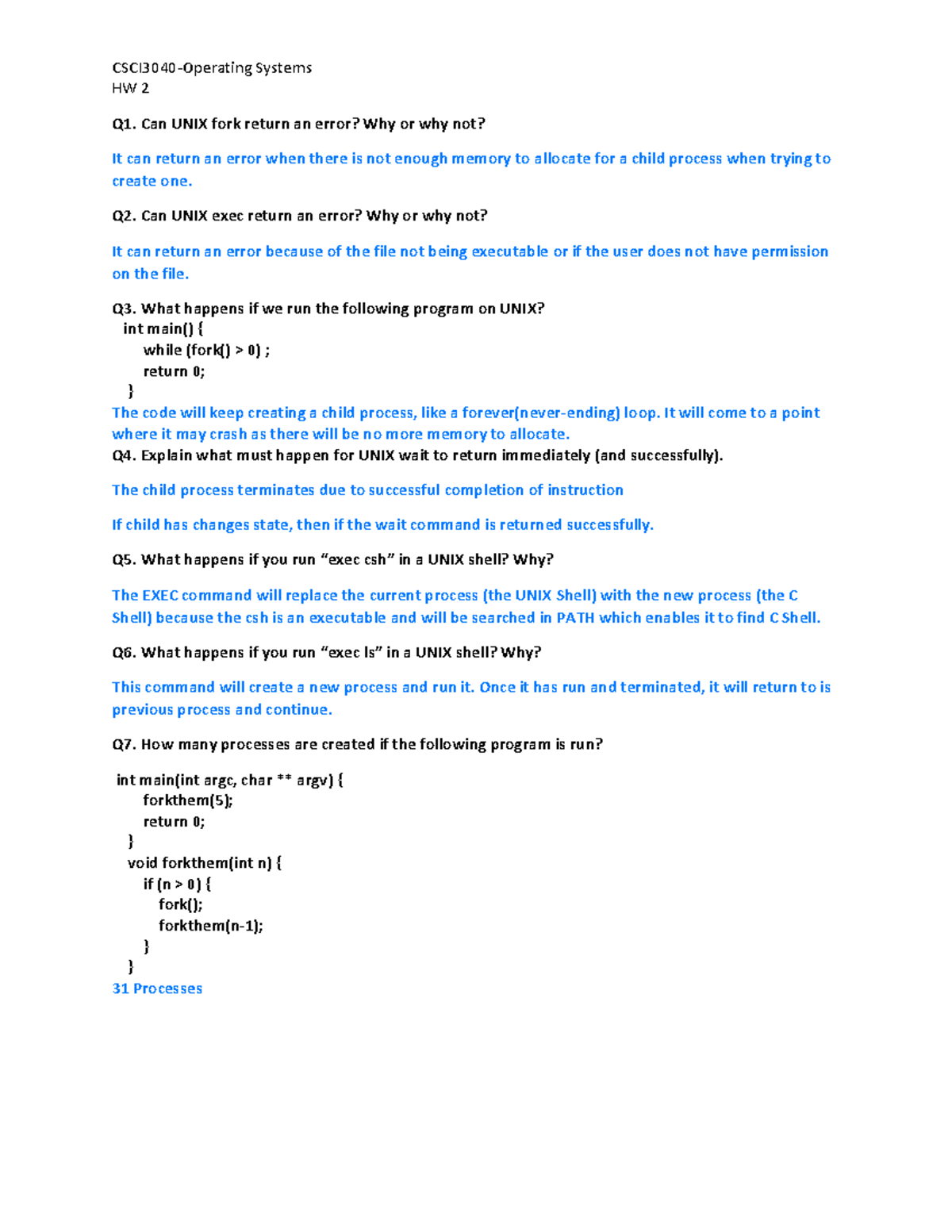Hw2 Hw2 Hw 2 Q1 Can Unix Fork Return An Error Why Or Why Not It Can Return An Error When 0143