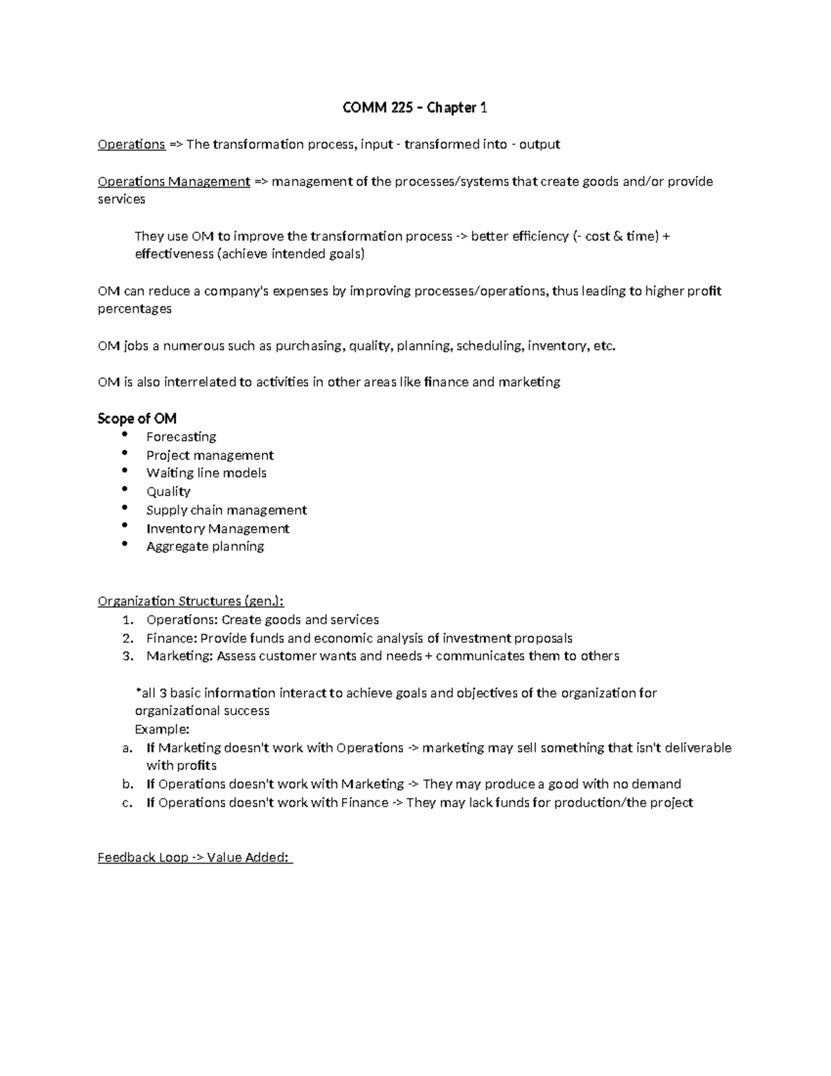 COMM 225 - chapter 1 - COMM 225 – Chapter 1 Operations => The transformation process, input ...