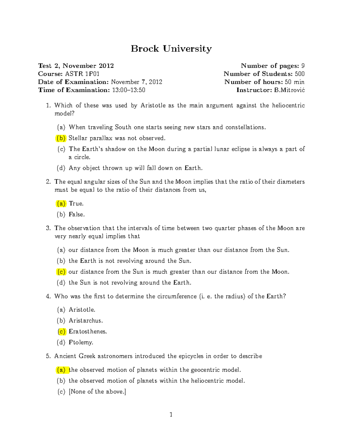 Test 2 2012, questions and answers - Brock University Test 2, November ...