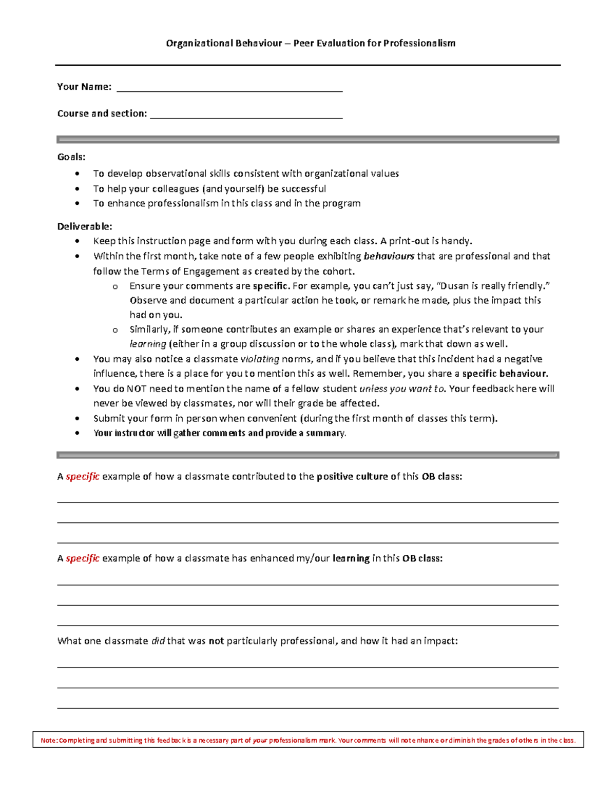 Peer Eval for Professionalism OB TG - Organizational Behaviour – Peer ...