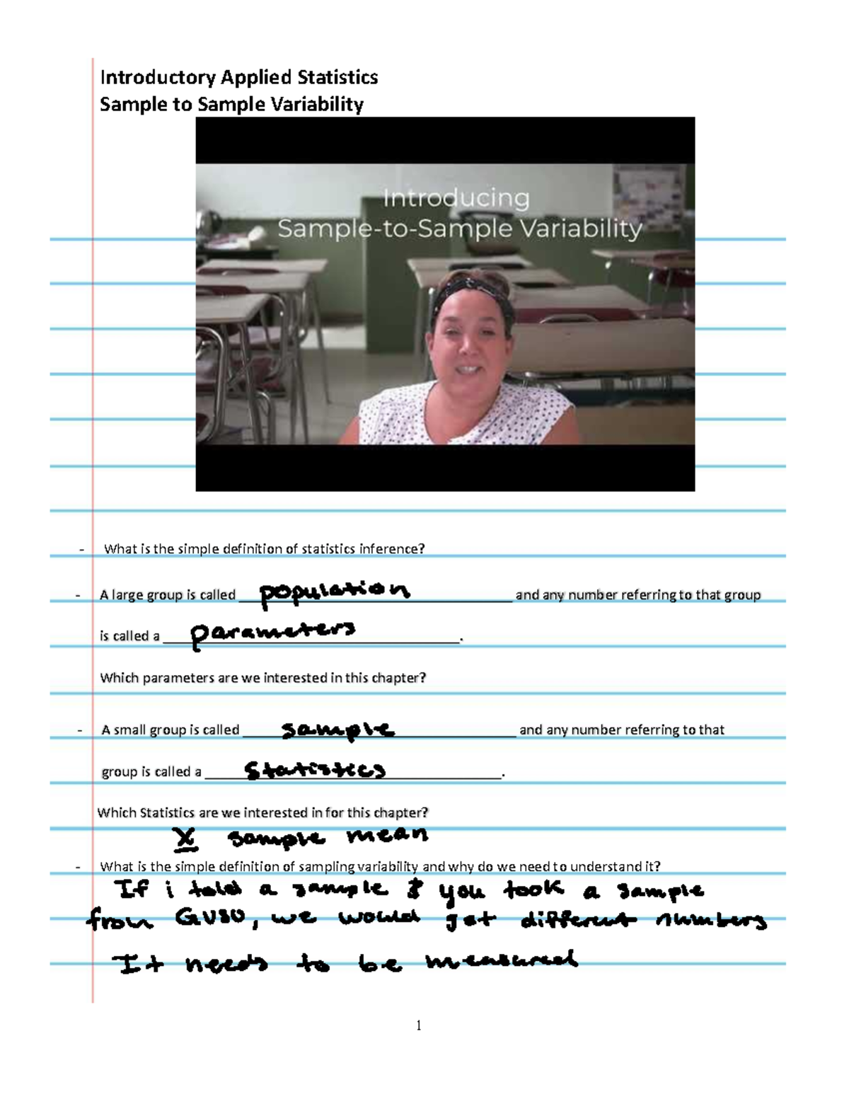 Sample to Sample Variability, Guided Notes - Introductory Applied ...