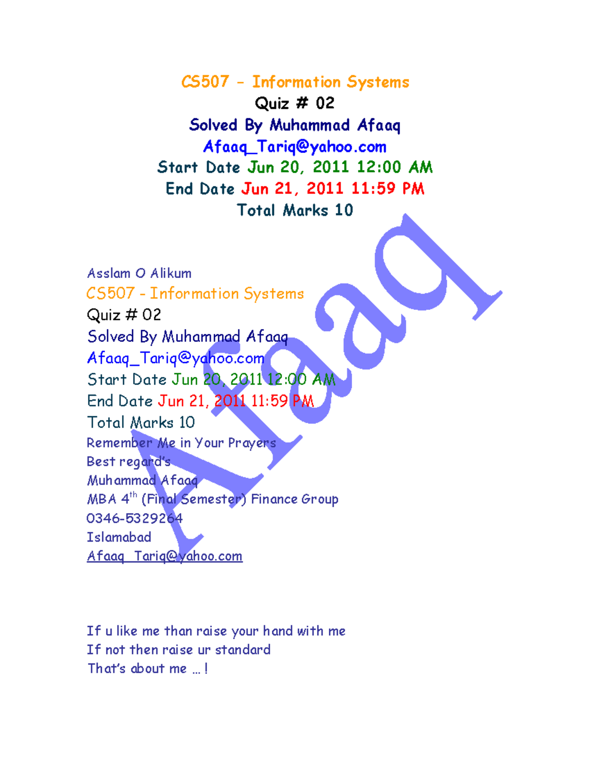 Cs507-Midterm past papers - CS507 - Information Systems Quiz # 02 Solved By Muhammad Afaaq - Studocu