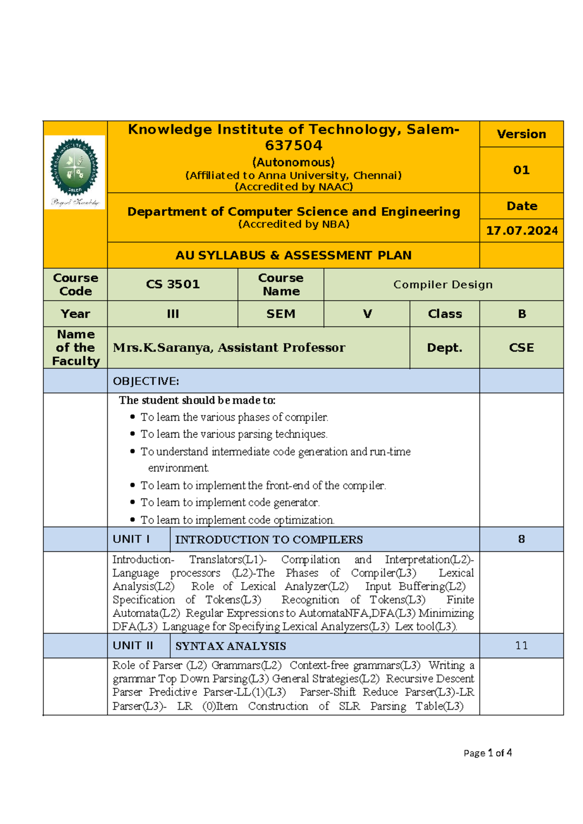 CD Syllabus - Knowledge Institute of Technology, Salem- 637504 (Autonomous) (Affiliated to Anna ...