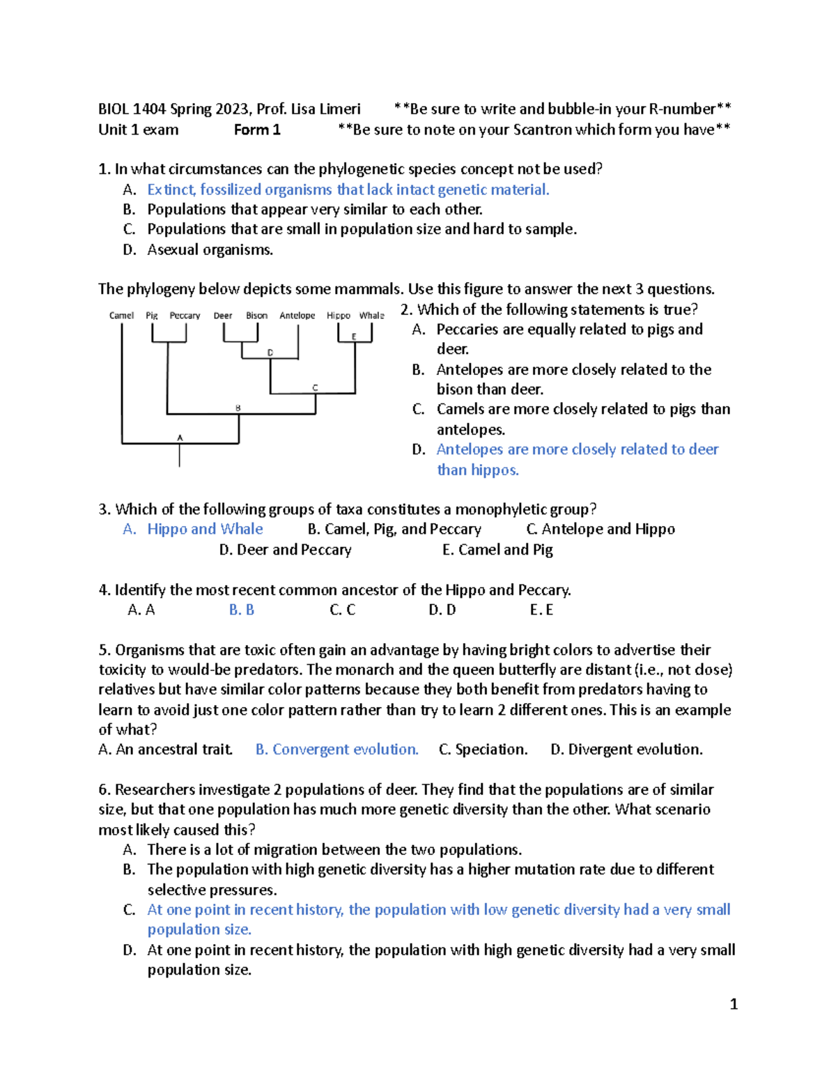Exam 1 Form 1 Answer Key - HARD math - BIOL 1404 Spring 2023, Prof ...