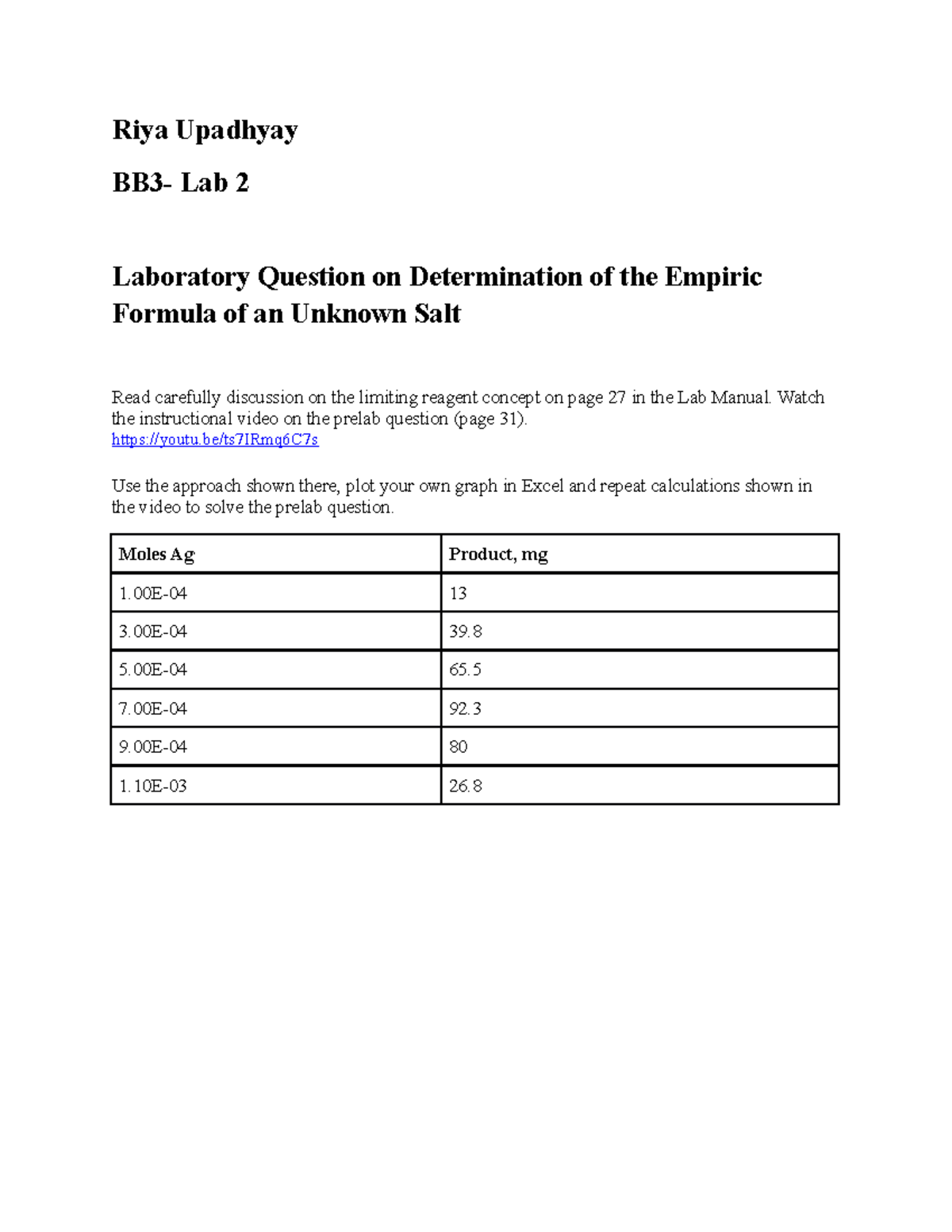 Riya Upadhyay Lab 2- Chem I BB# - Riya Upadhyay BB3- Lab 2 Laboratory Question on Determination ...