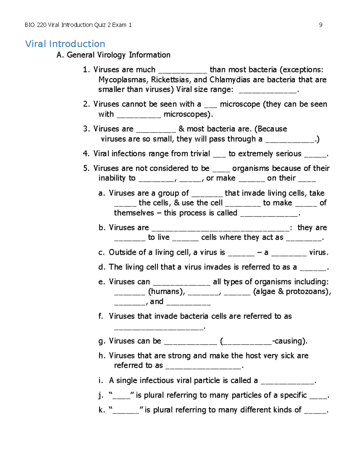 BIO 220 Test One 2 Student Notes Virus Intro - BIO 220 Viral ...