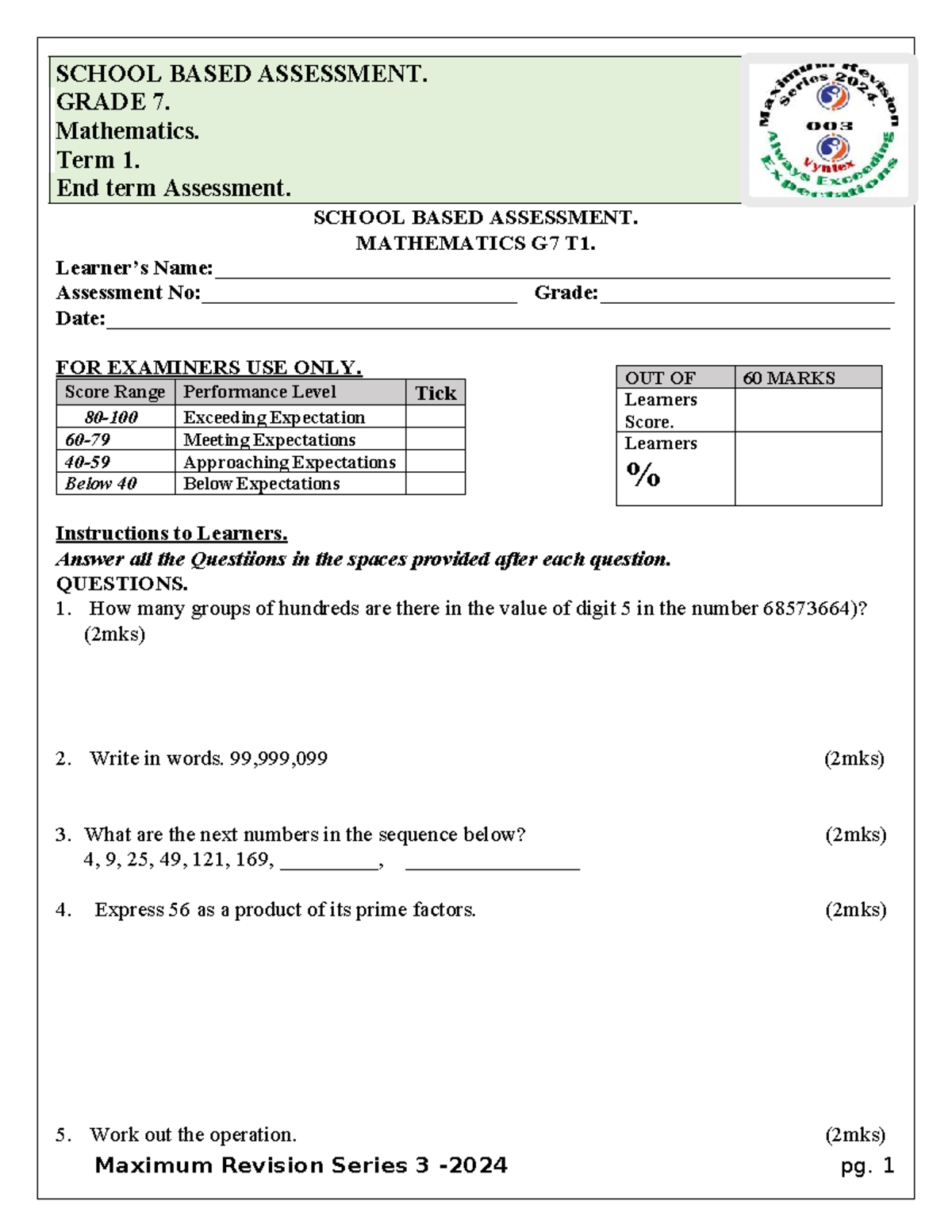 G7 T1 MATH ET - Maths - SCHOOL BASED ASSESSMENT. GRADE 7. Mathematics ...