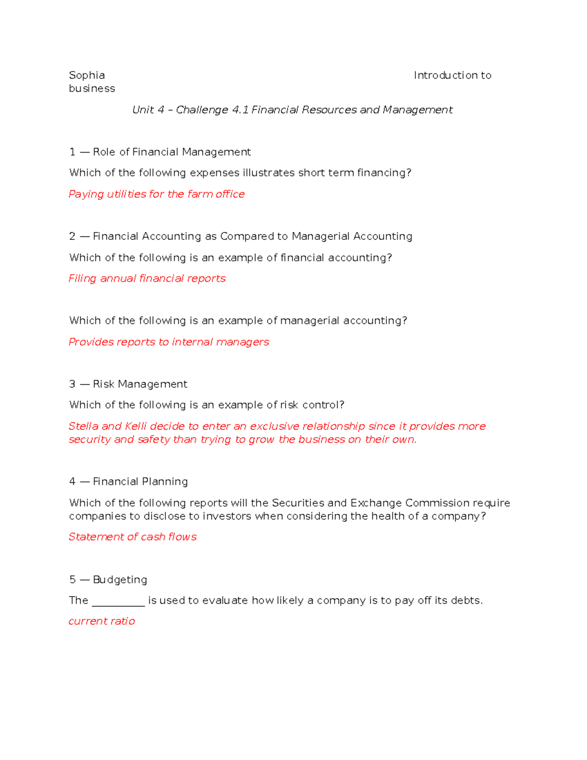Introduction to business Unit 4 - Challenge 4.1 Financial Resources and ...