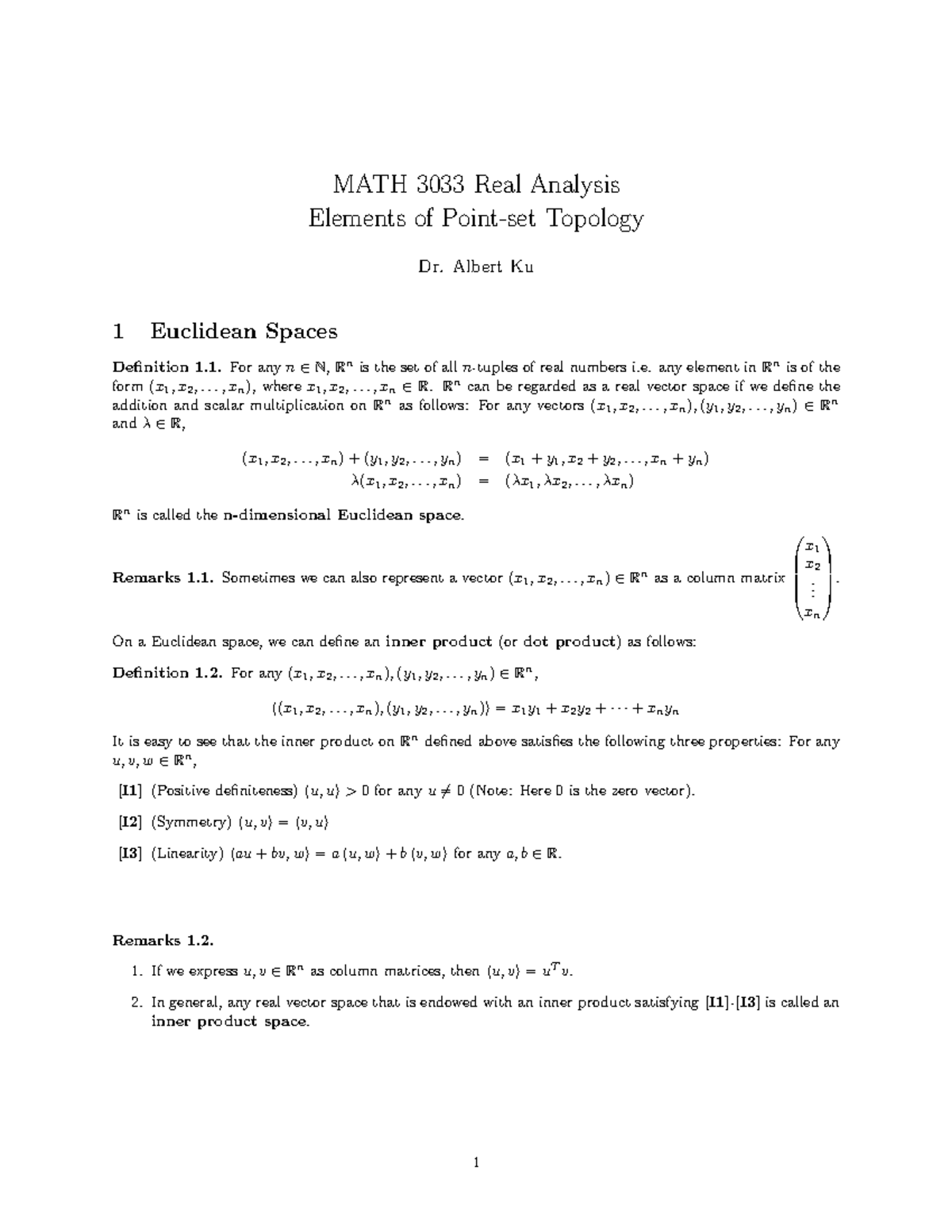 Basic topology - notes of lecture - MATH 3033 Real Analysis Elements of ...