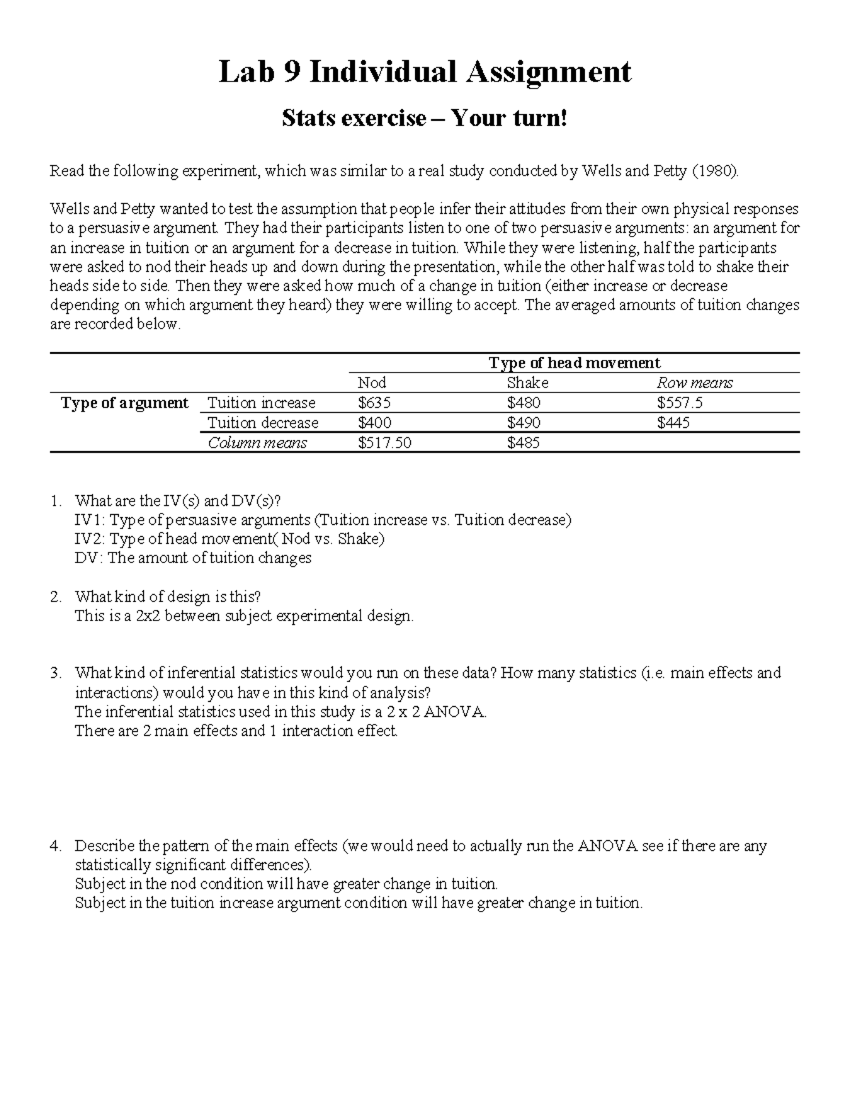 Lab 9 Assignment - Lab 9 Individual Assignment Stats exercise – Your turn! Read the following ...