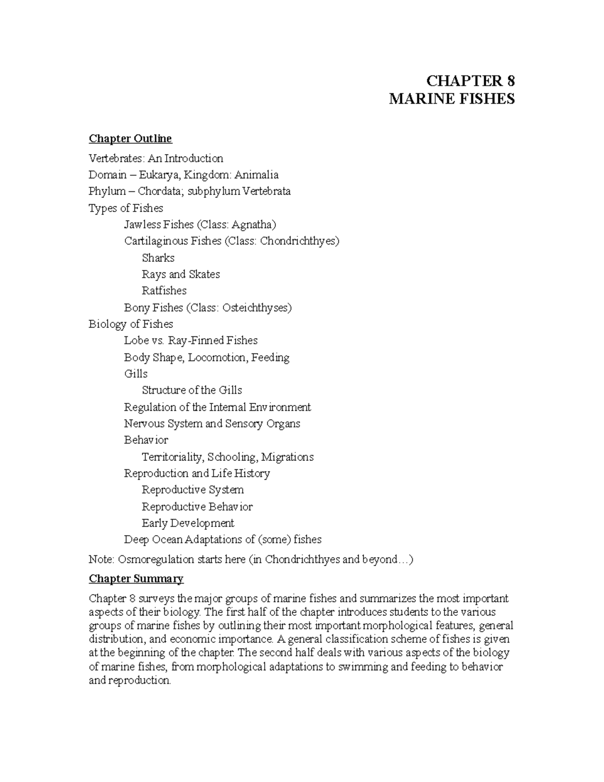 marinebio outlinesection3 - CHAPTER 8 MARINE FISHES Chapter Outline ...