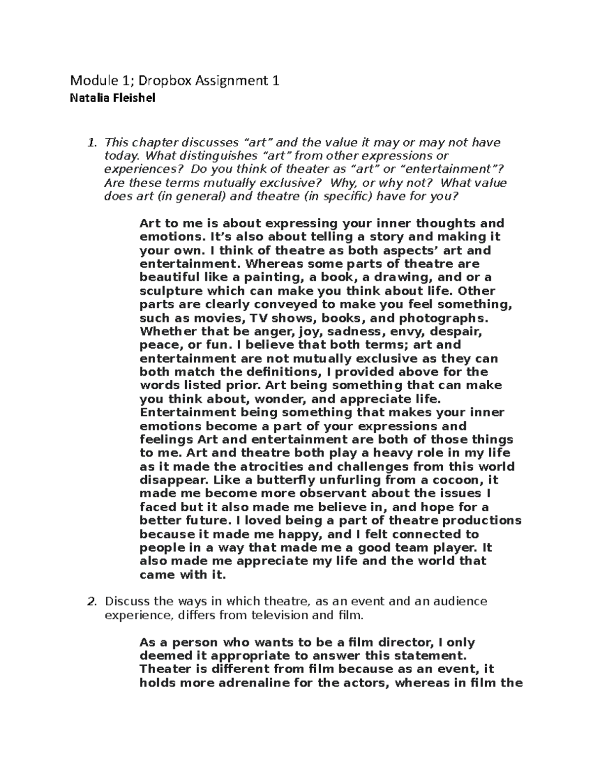 Fleishel Vika Mod1Assign 1 - Module 1; Dropbox Assignment 1 Natalia Fleishel This chapter ...