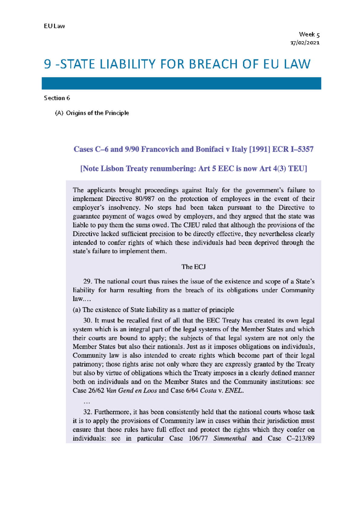 9 State Liabiltiy reading - EU Law Week 5 17/02/ 9 -STATE LIABILITY FOR ...