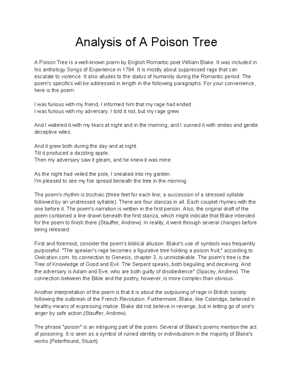 Analysis of A Poison Tree - It was included in his anthology Songs of ...