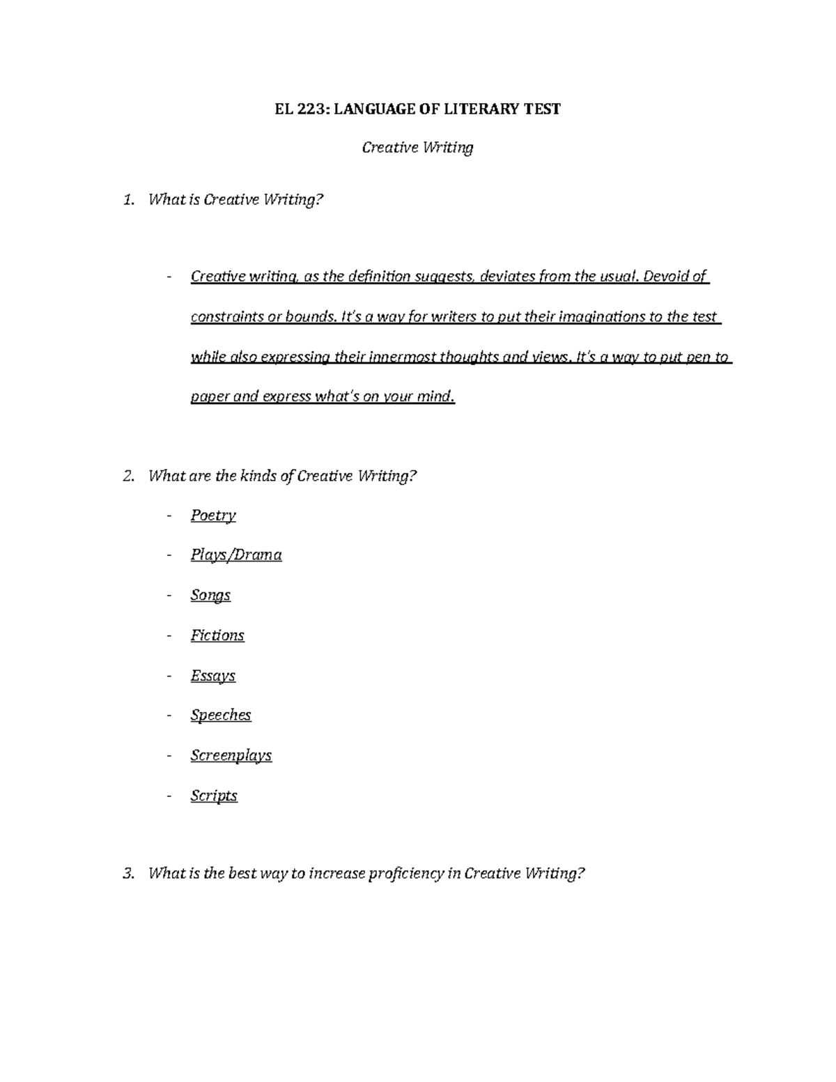 EL223 Language of Literary Text Creative Writing - EL 223: LANGUAGE OF ...