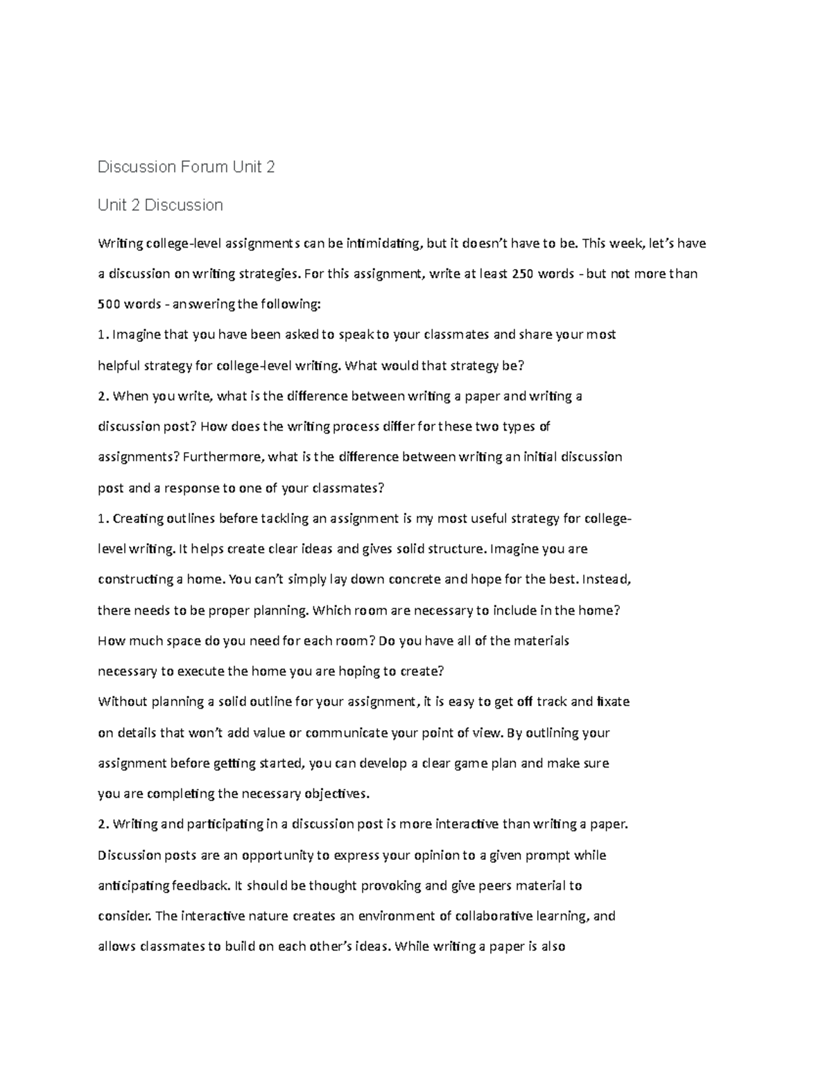 Discussion Forum Unit 2 sample - Discussion Forum Unit 2 Unit 2 ...