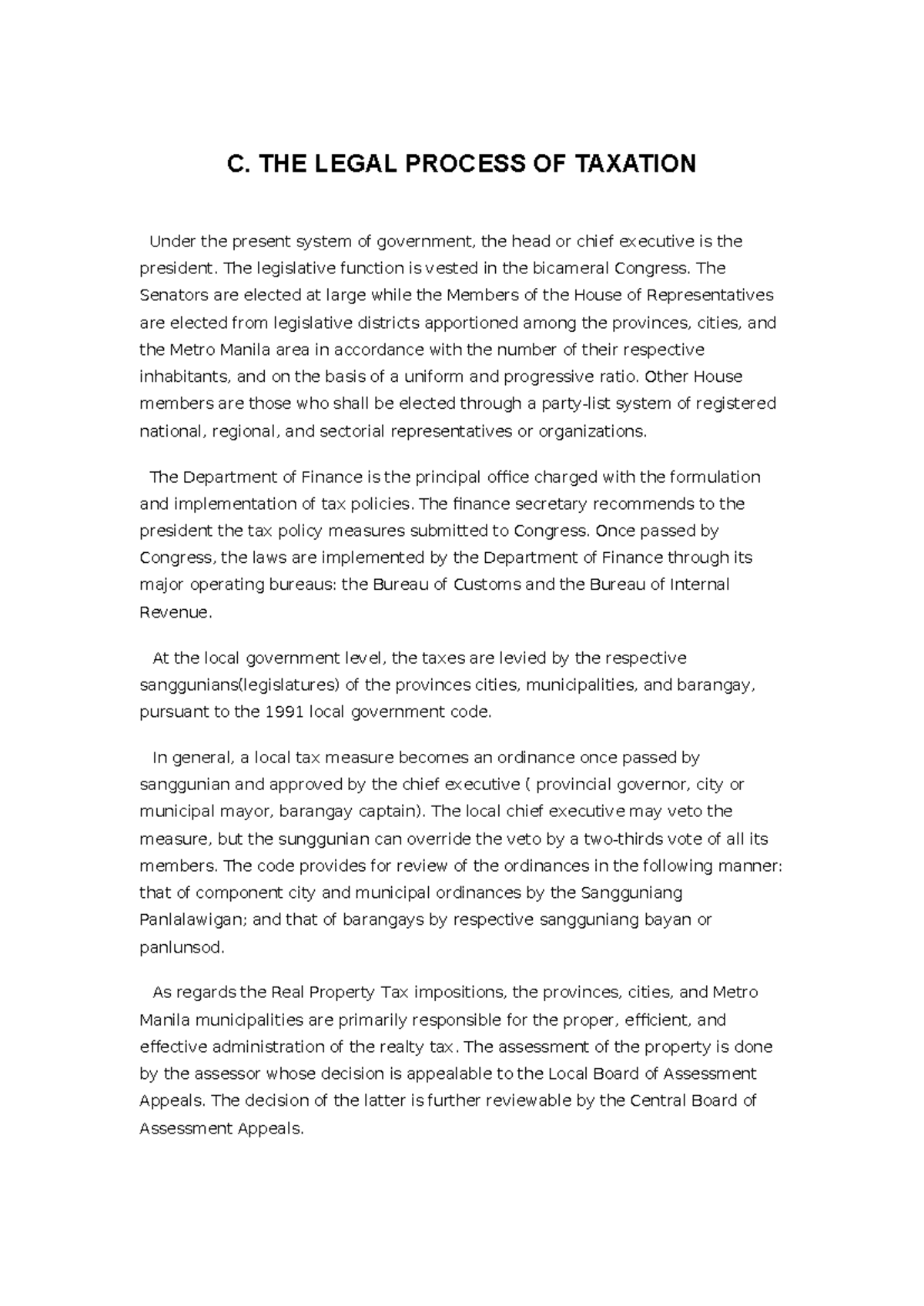 C - Summary Income Taxation - C. THE LEGAL PROCESS OF TAXATION Under ...