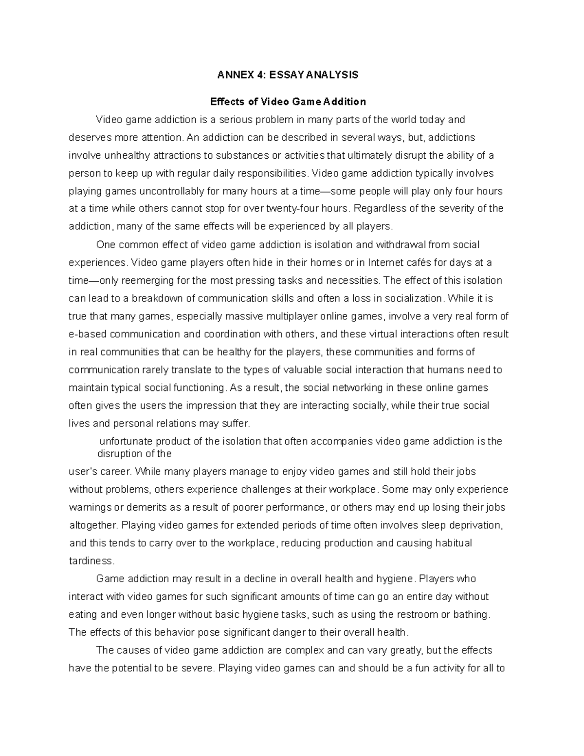 Annex 4 doc - ... - ANNEX 4: ESSAY ANALYSIS Effects of Video Game ...