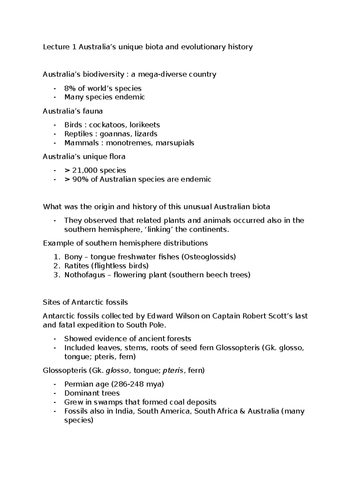 Australian Flora Fauna Notes - Lecture 1 Australia’s unique biota and ...