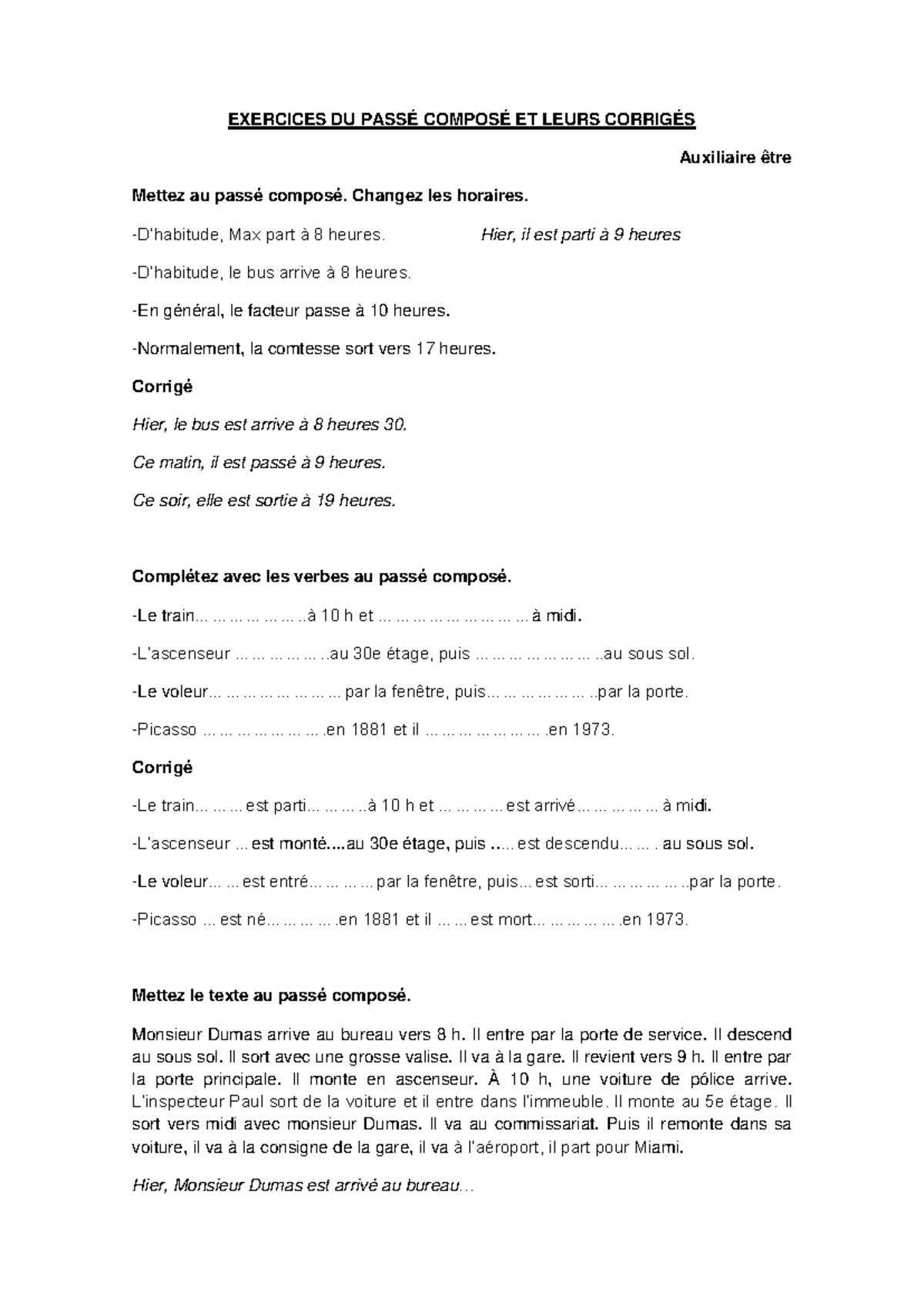 Exercices du passé composé et leurs corrigés - EXERCICES DU PASSÉ ...