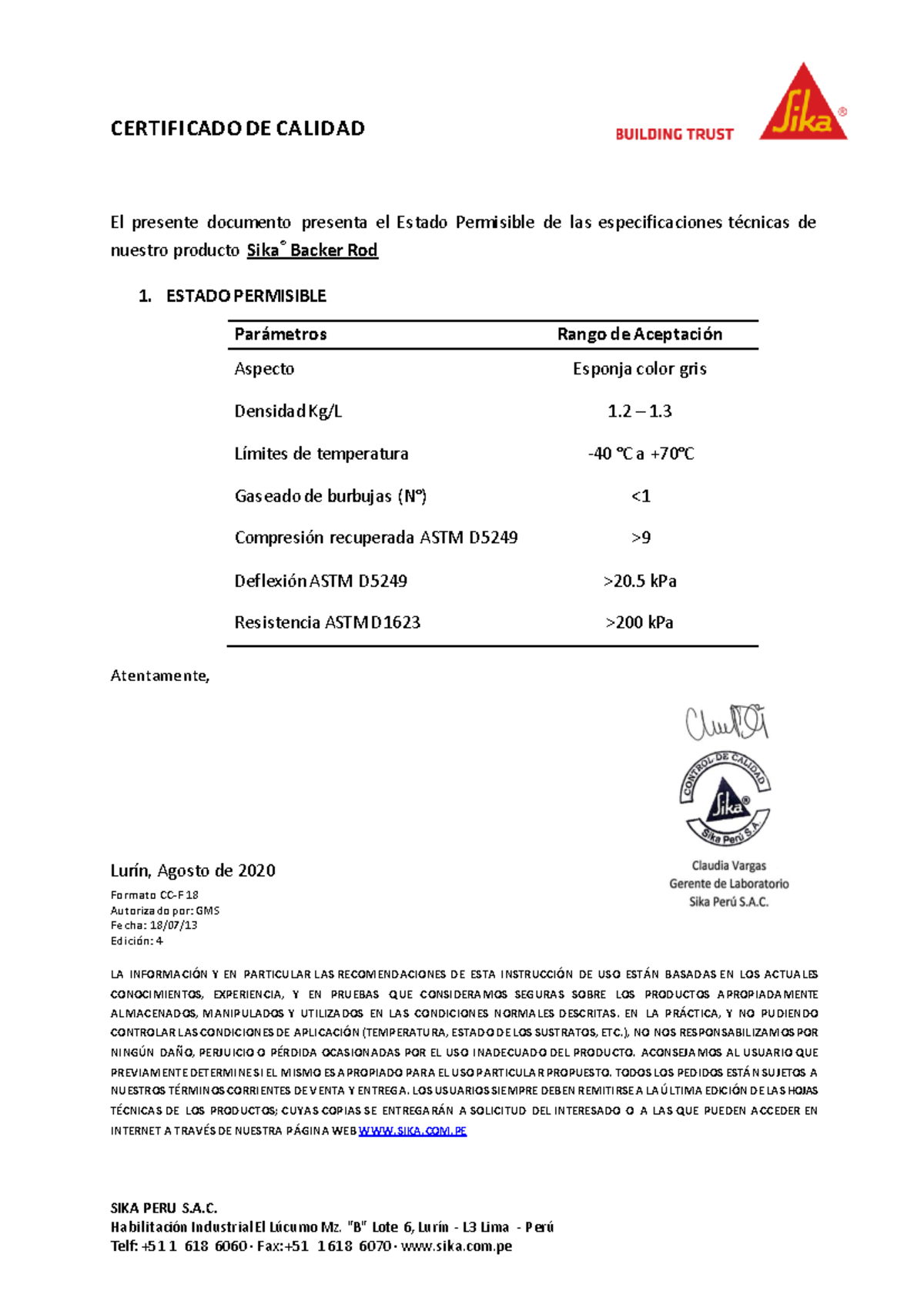 Certificado de Calidad Sika Backer Rod - CERTIFICADO DE CALIDAD SIKA ...