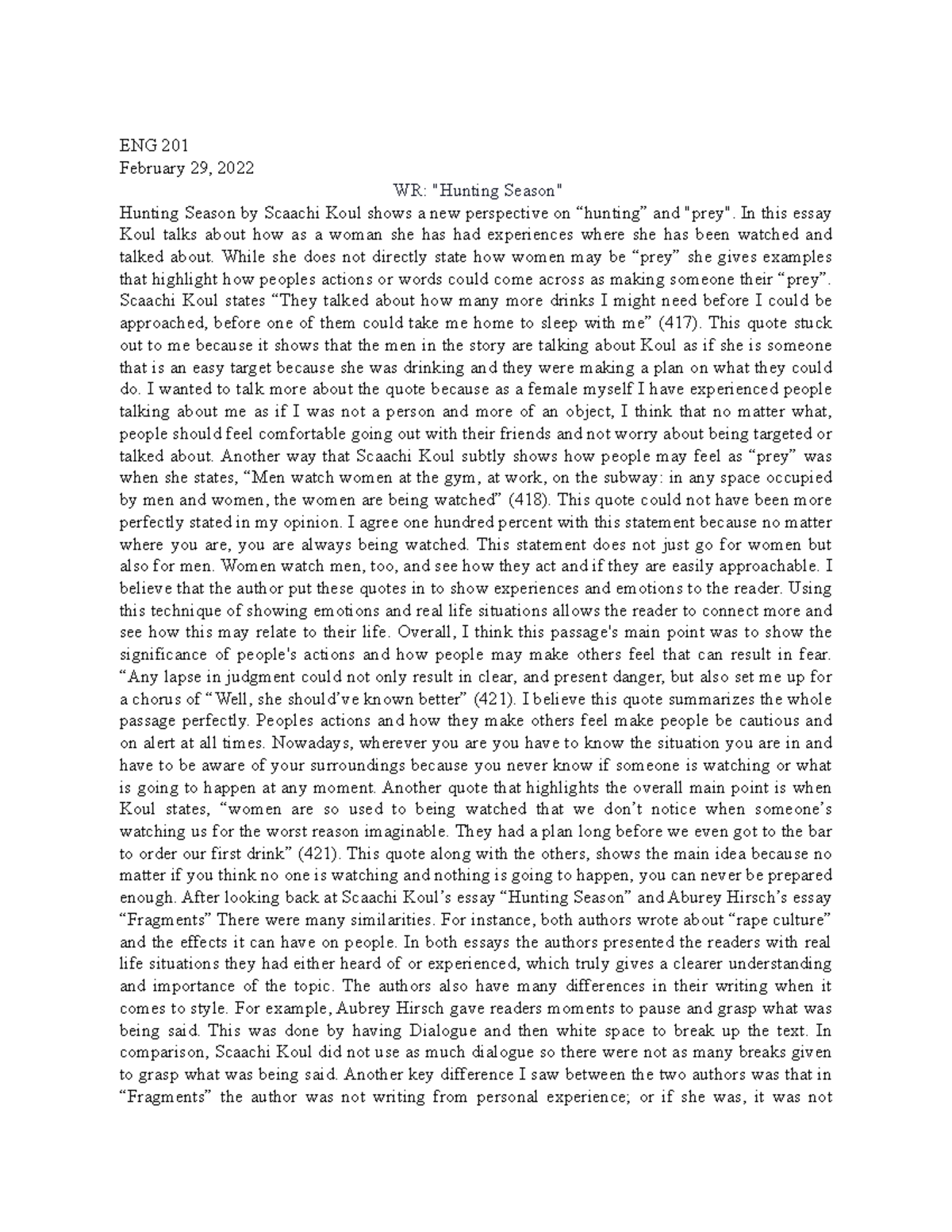 WR Hunting Season - WR essay for Hannah Abrabhms, 100% - ENG 201 ...