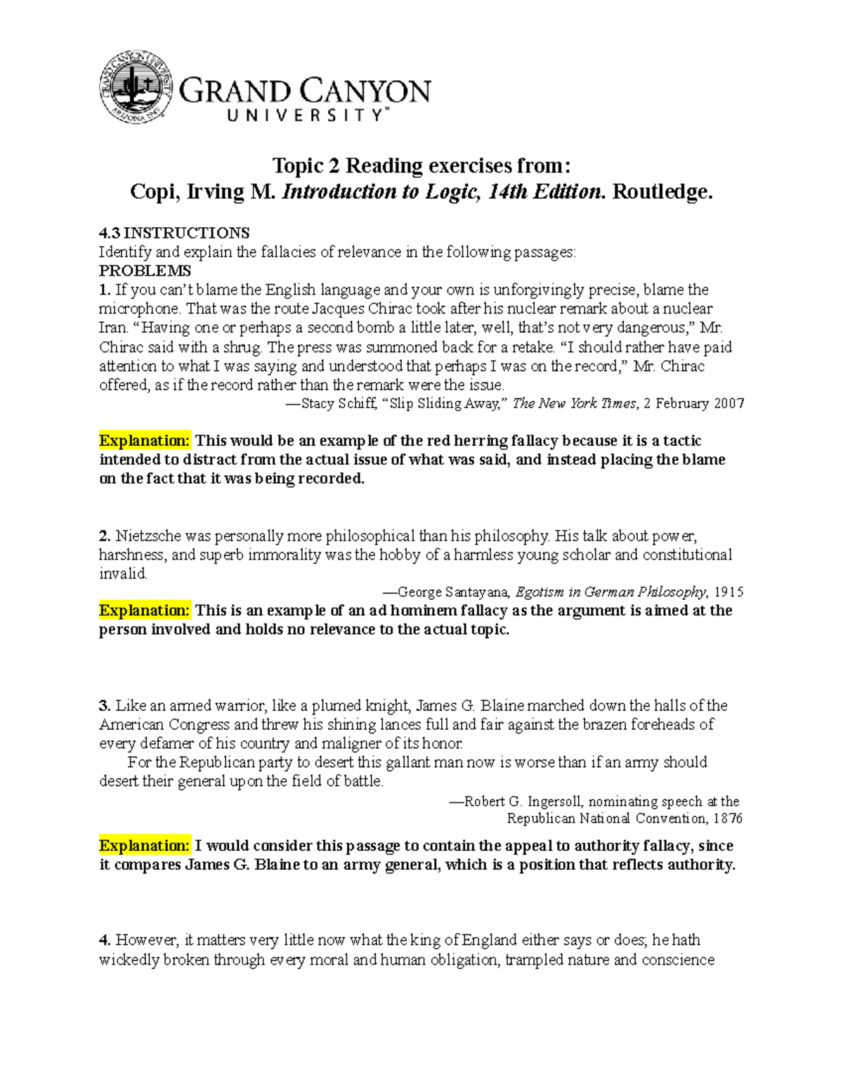COM-362 T2 reading exercises - Topic 2 Reading exercises from: Copi, Irving M. Introduction to ...
