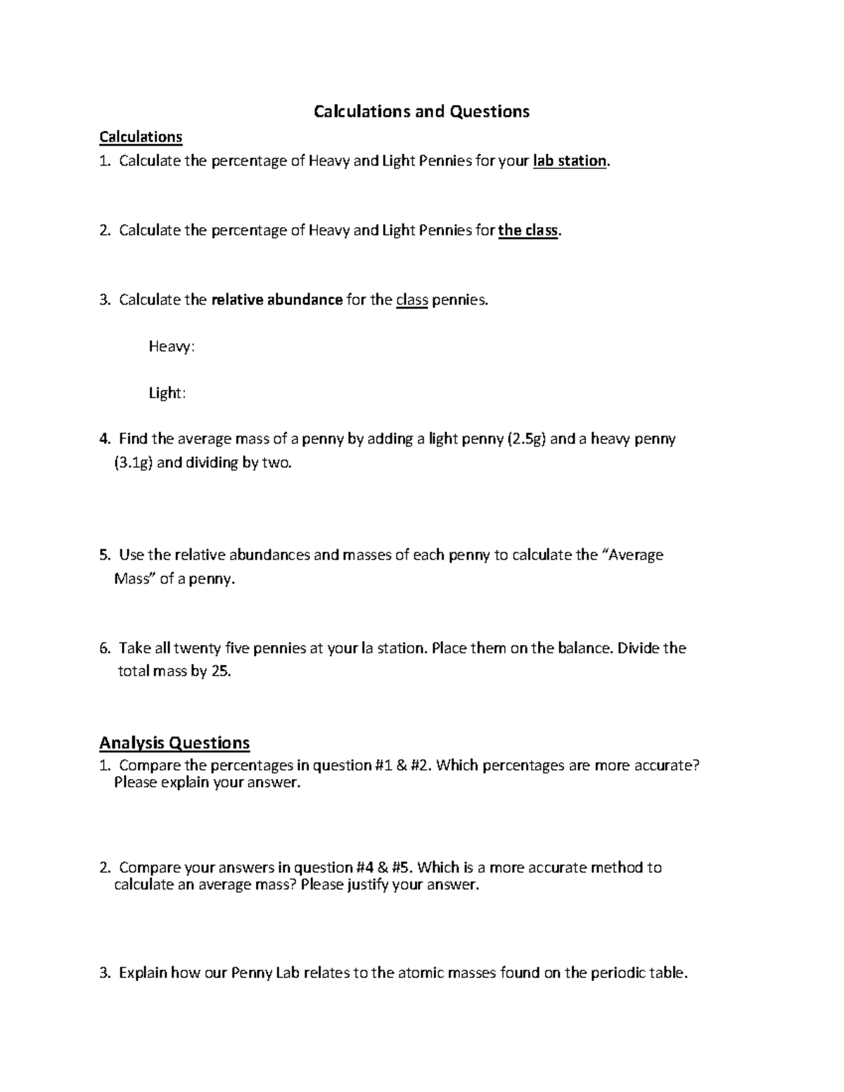 Pennium Lab Calculations and Questions - Calculations and Questions ...