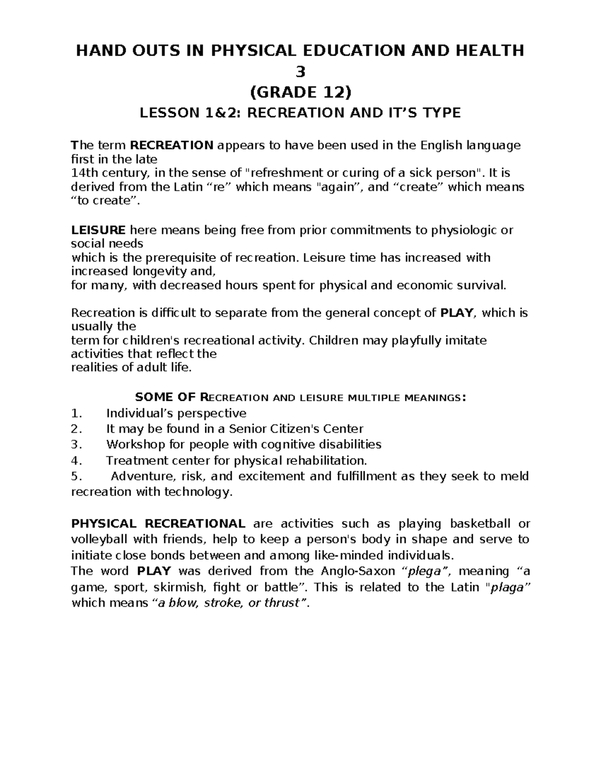 HAND OUTS IN Physical Education AND Health 3RD QRTR - HAND OUTS IN ...