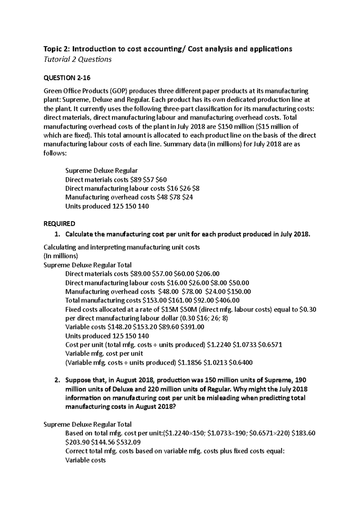 Tutorial 2 questions - Topic 2: Introduction to cost accounting/ Cost ...