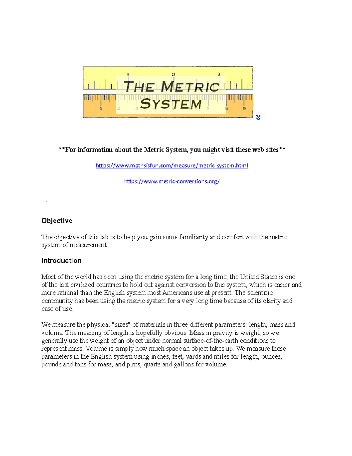 BIOS 105 Lab Metric System (1) - For information about the Metric ...
