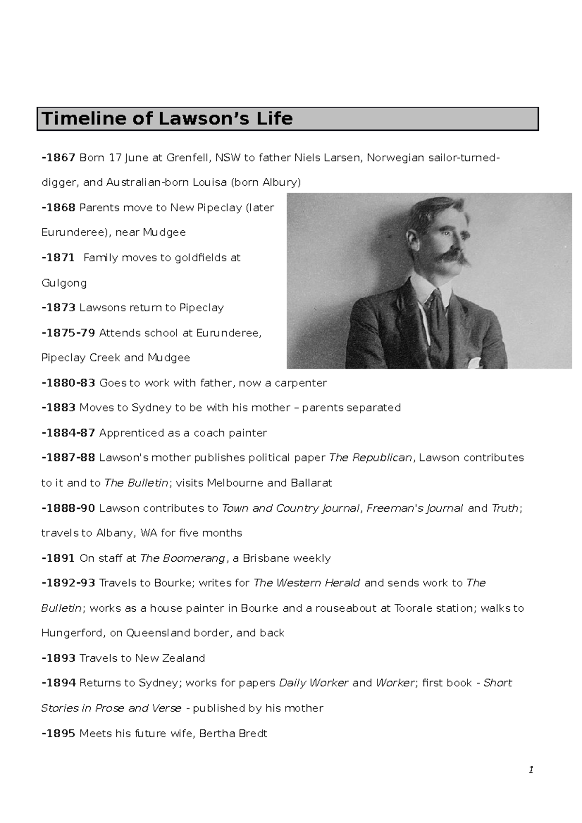 Timeline of henry lawson's life - Timeline of Lawson’s Life -1867 Born ...