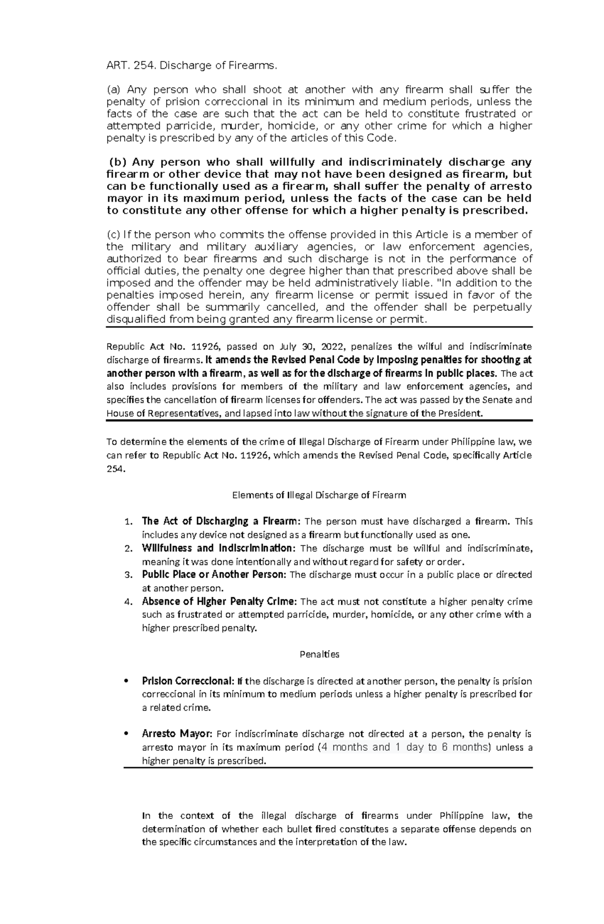 Illegal Discharge of Firearm - ART. 254. Discharge of Firearms. (a) Any ...