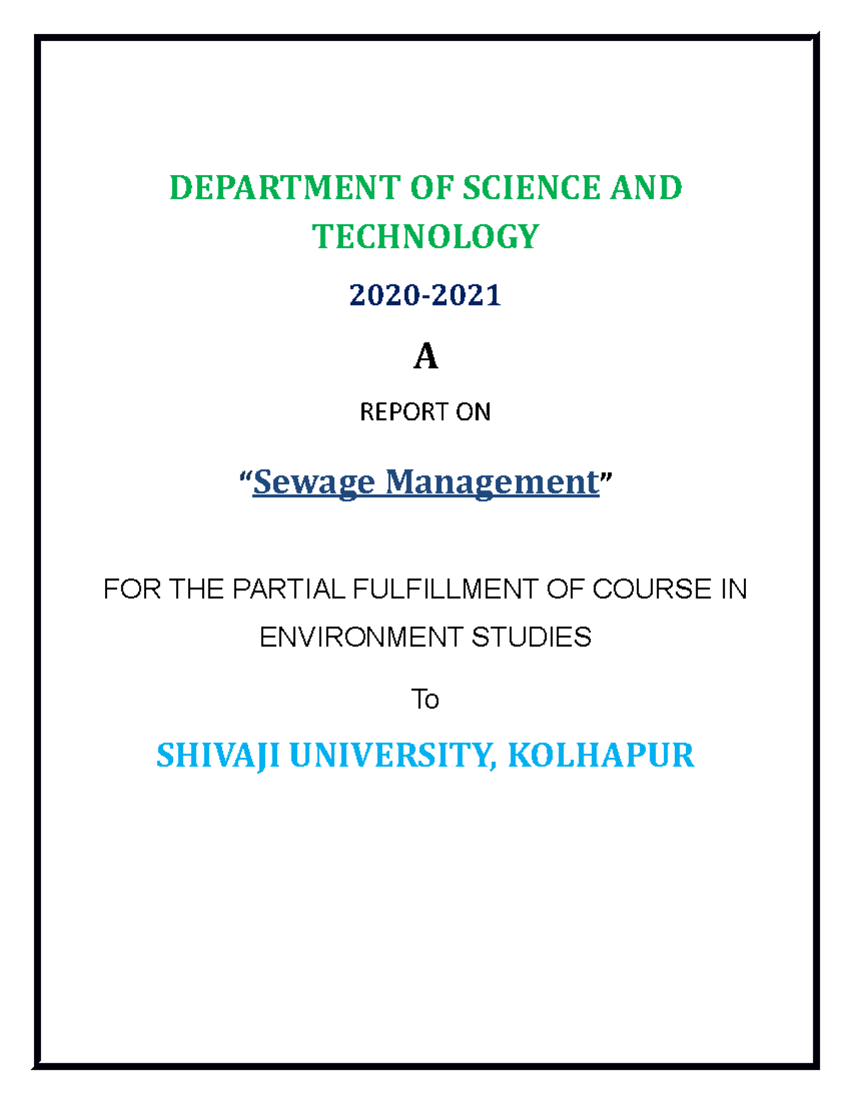 Project Report on Sewage Management - DEPARTMENT OF SCIENCE AND ...