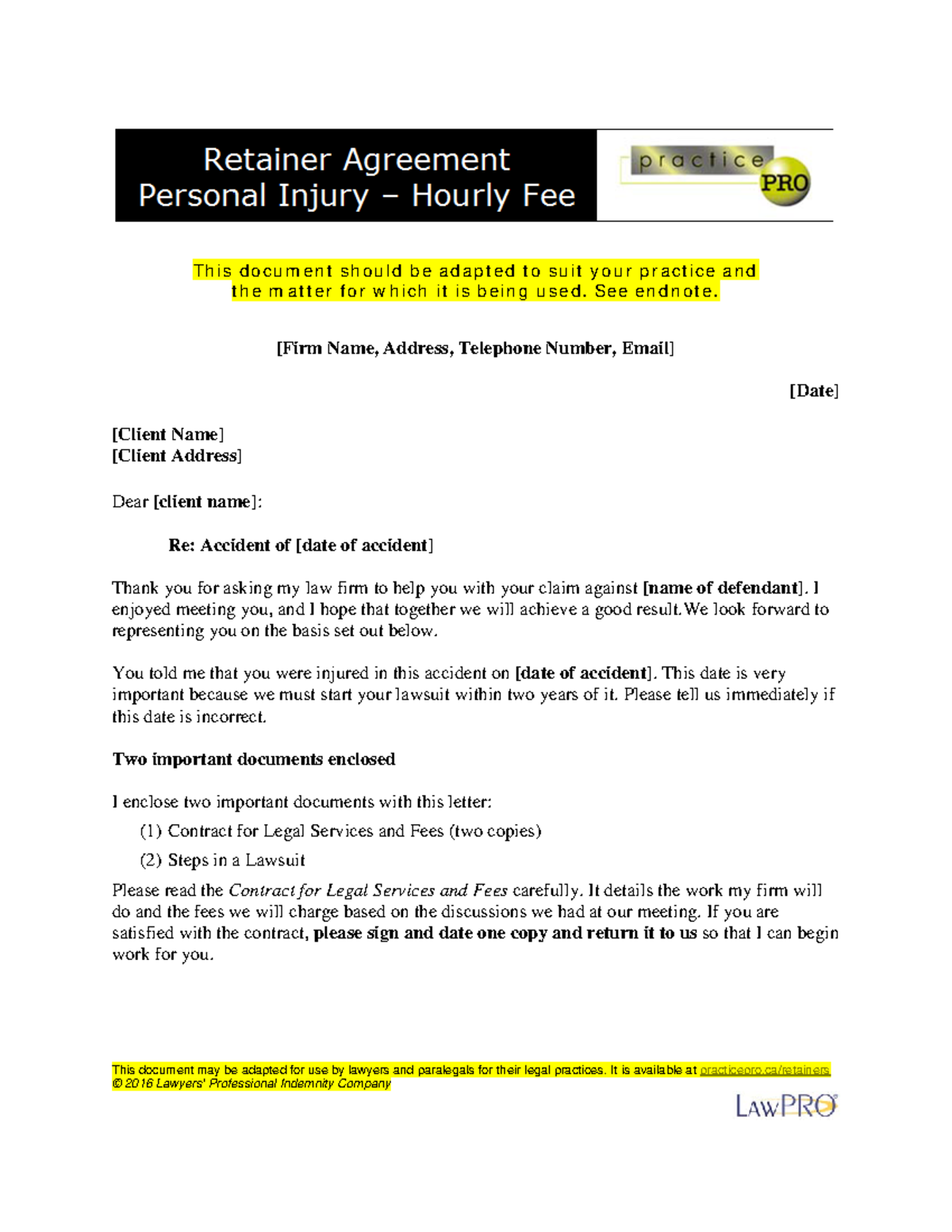 Retainer Letter Personal Injury Hourly - Law pro - Retainer Agreement ...