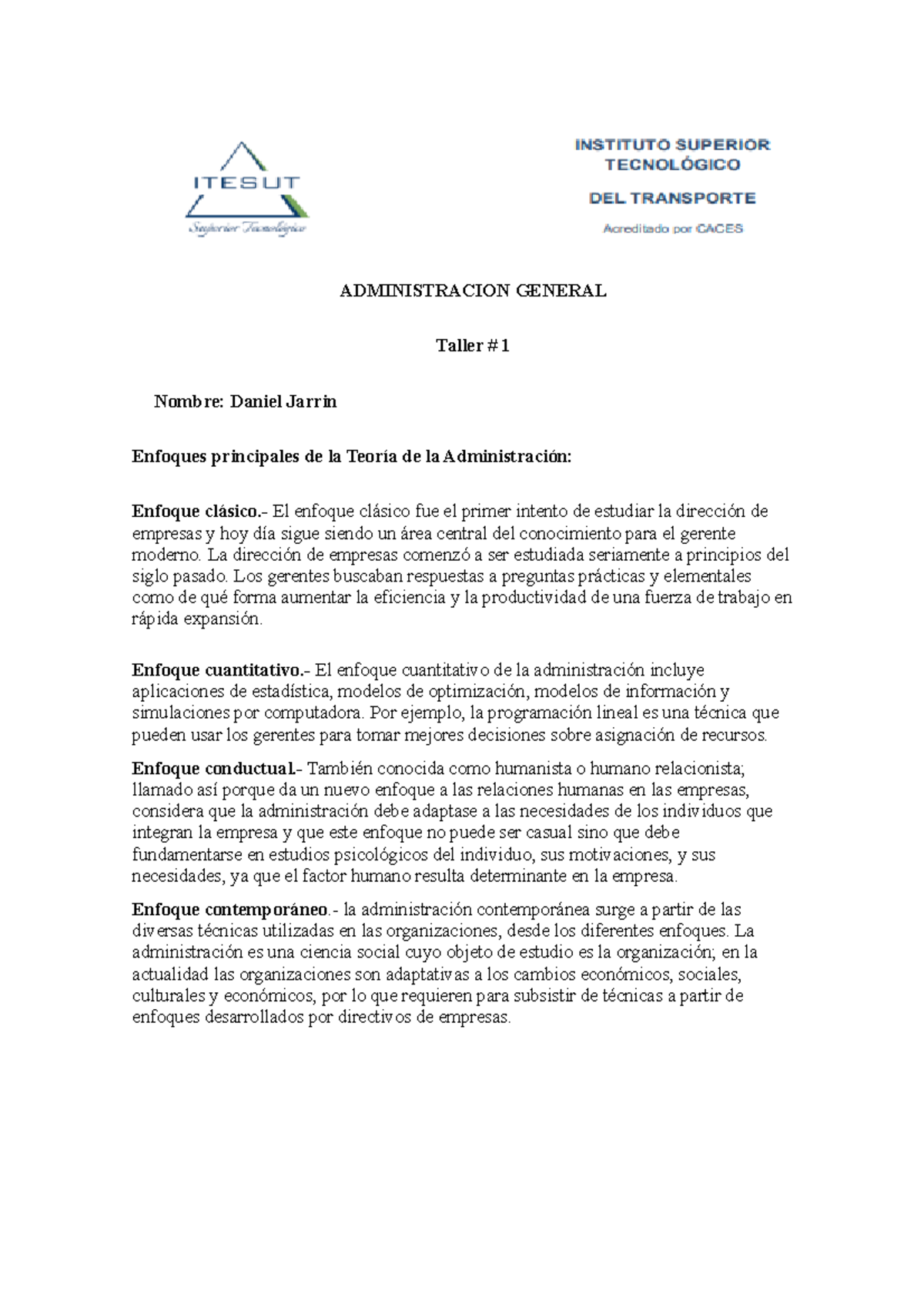Administracion General - ADMINISTRACION GENERAL Taller # 1 Nombre ...