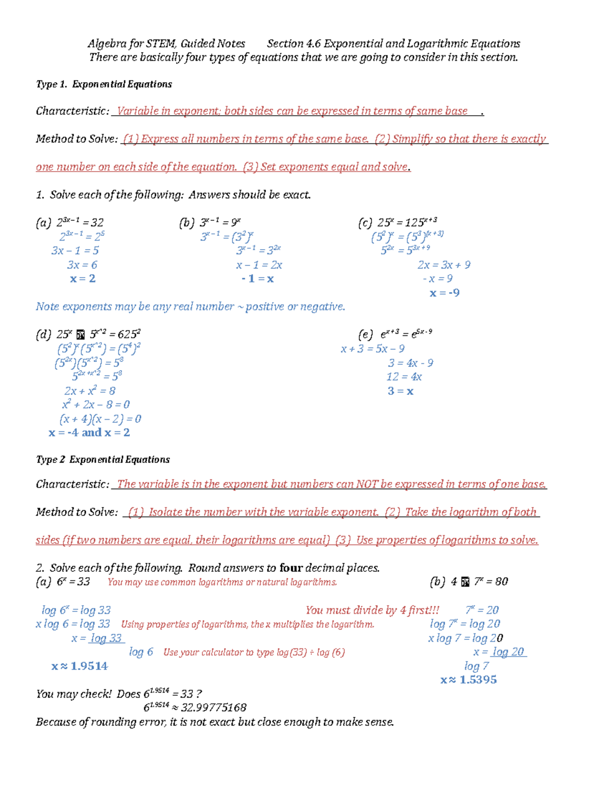 Exp and Log Equations Notes Complete - Algebra for STEM, Guided Notes ...