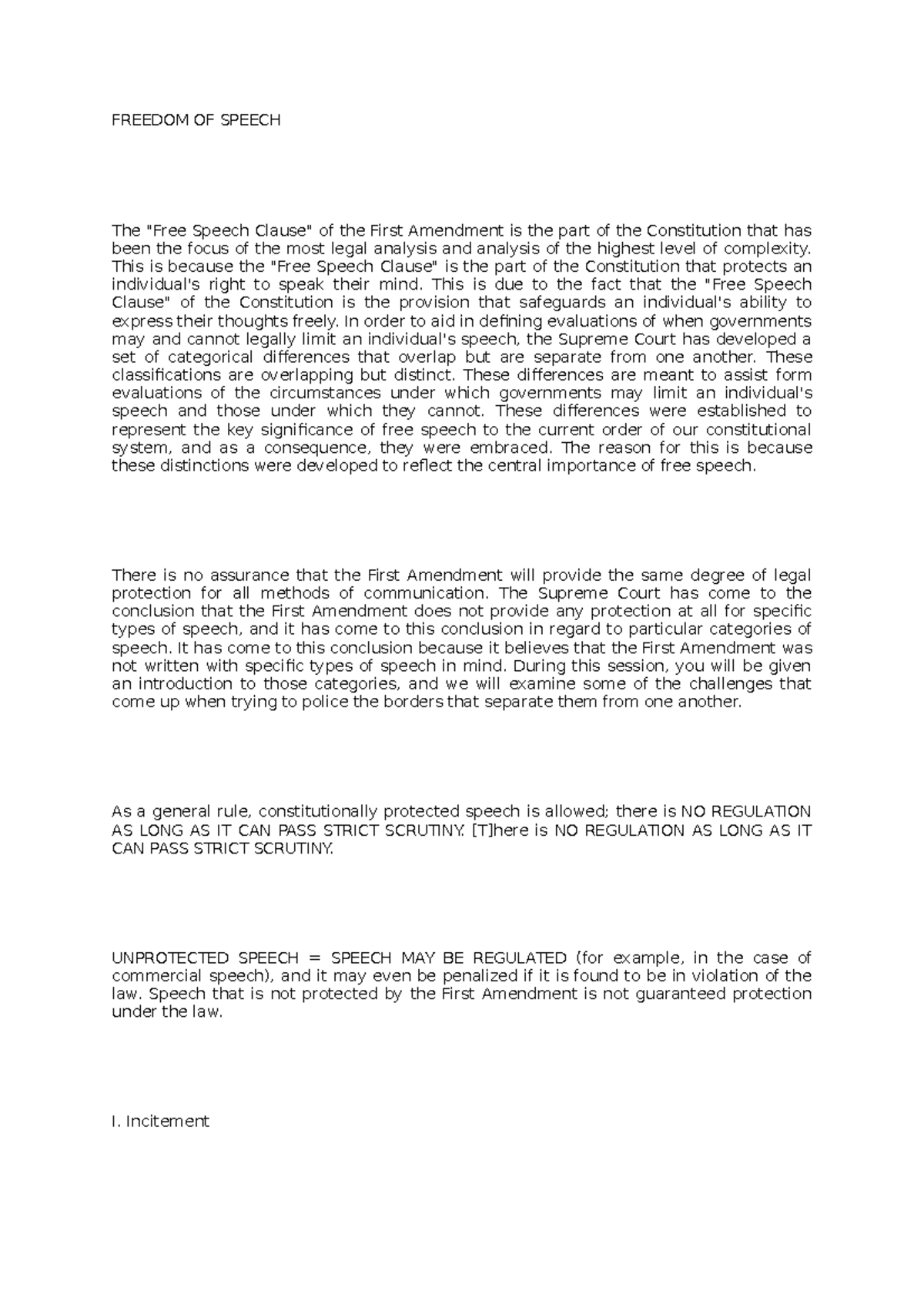 CON LAW - free speech - FREEDOM OF SPEECH The "Free Speech Clause" of ...