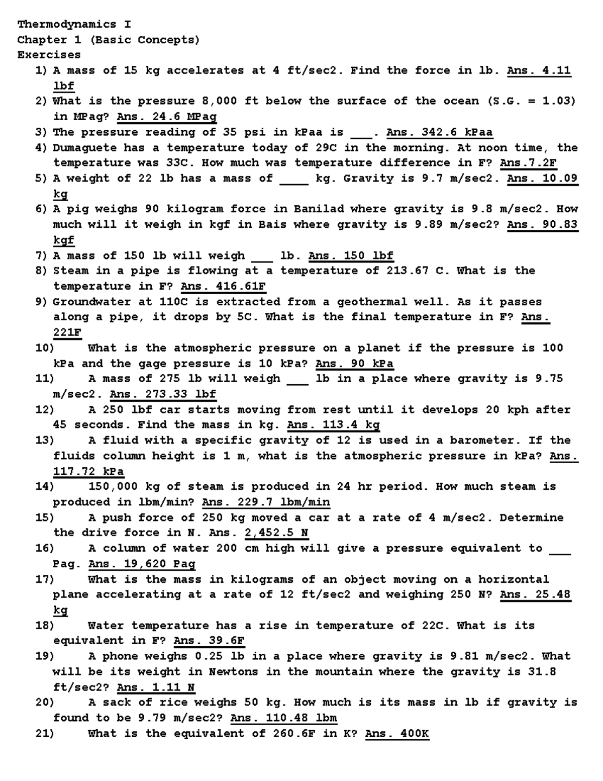 Thermodynamics I Basic Workout Exercises - Thermodynamics I Chapter 1 ...