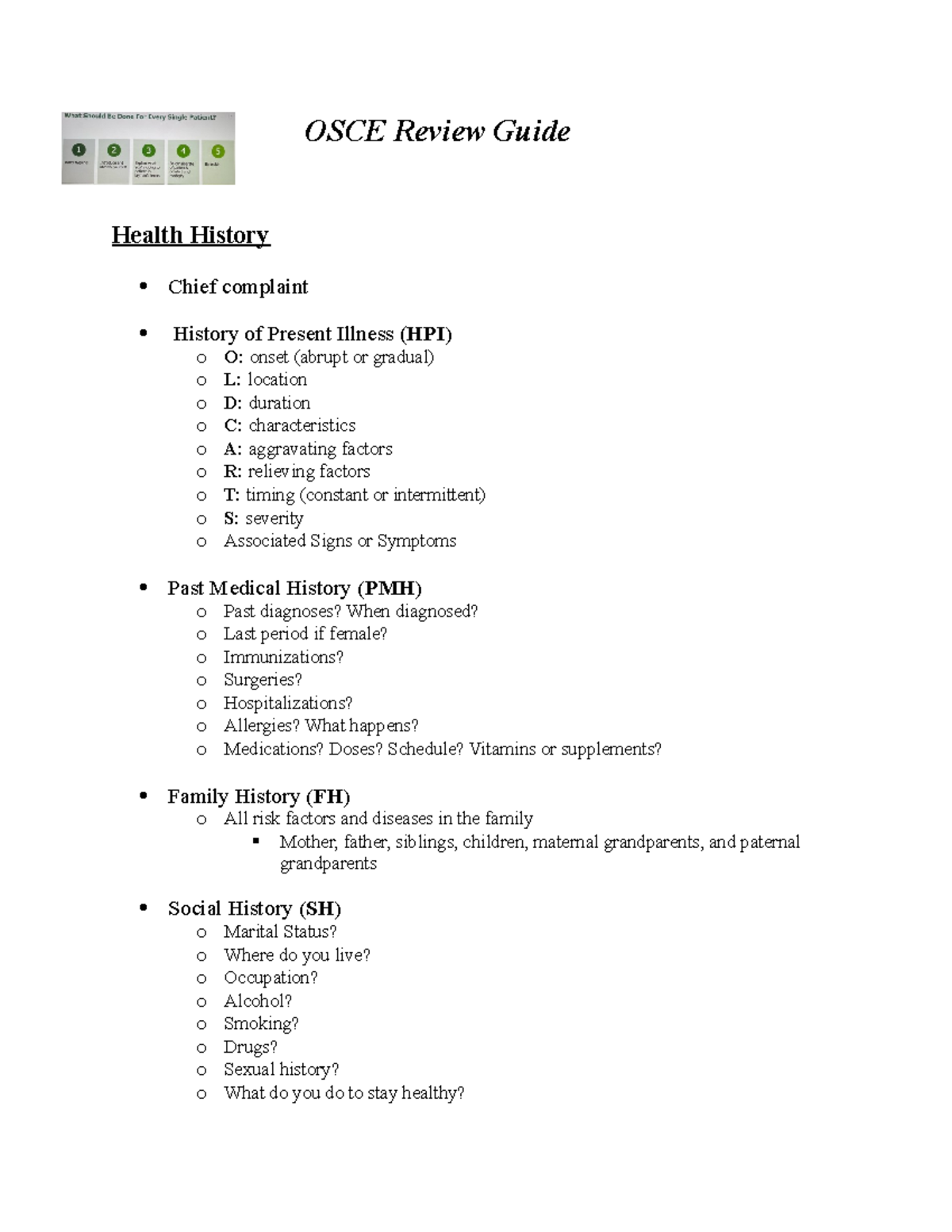 OSCE Review Guide - OSCE Review Guide Health History Chief complaint ...