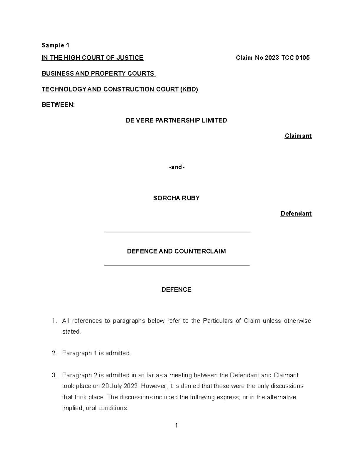 W5 De Vere Sample Script 1 - Sample 1 IN THE HIGH COURT OF JUSTICE ...