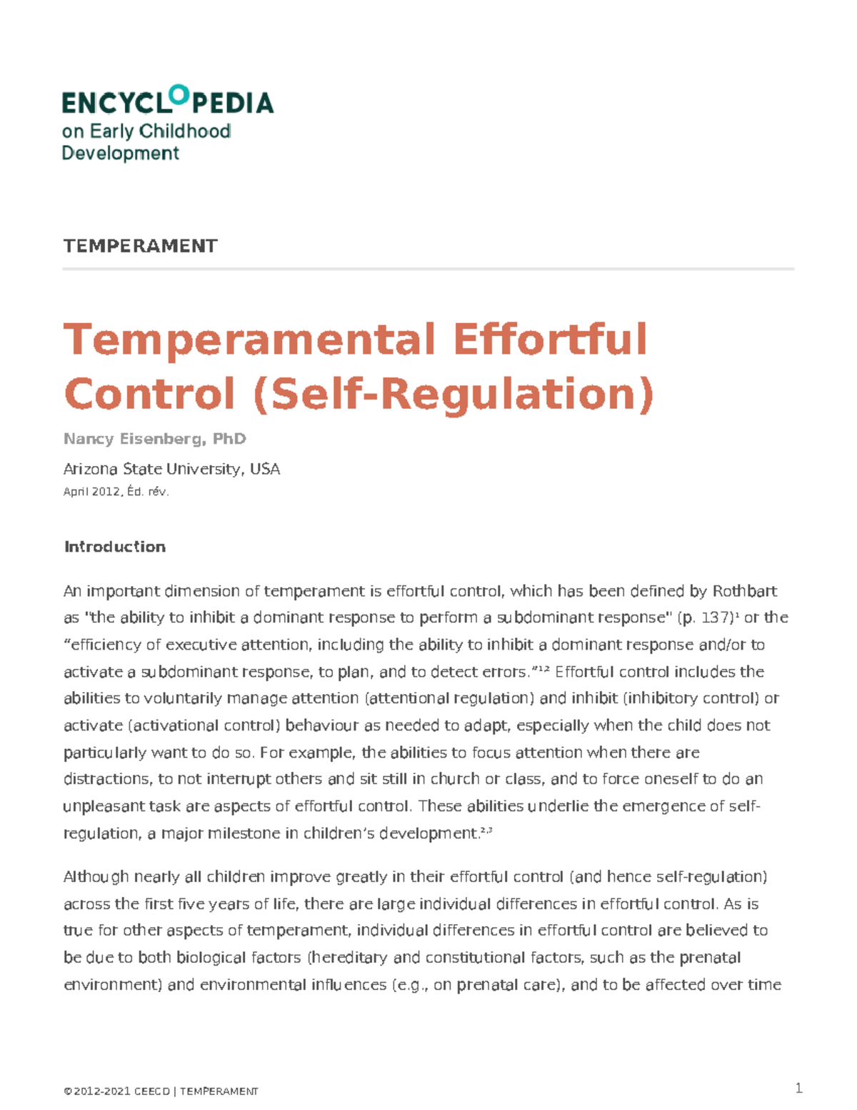 Temperamental effortful control self regulation - TEMPERAMENT ...