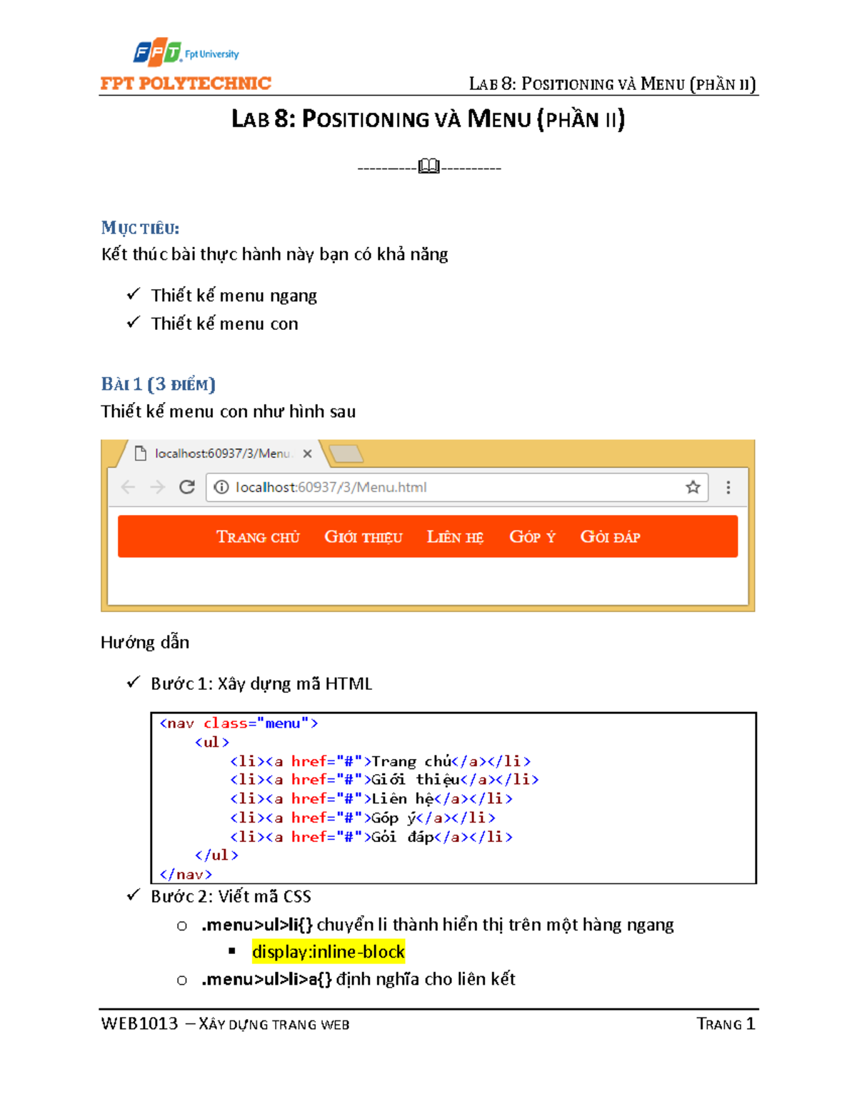 Web1013-Lab08 - phat trien phan mêm - LAB 8: POSITIONING VÀ MENU (PHẦN II) - - MỤC TIÊU: Kết ...