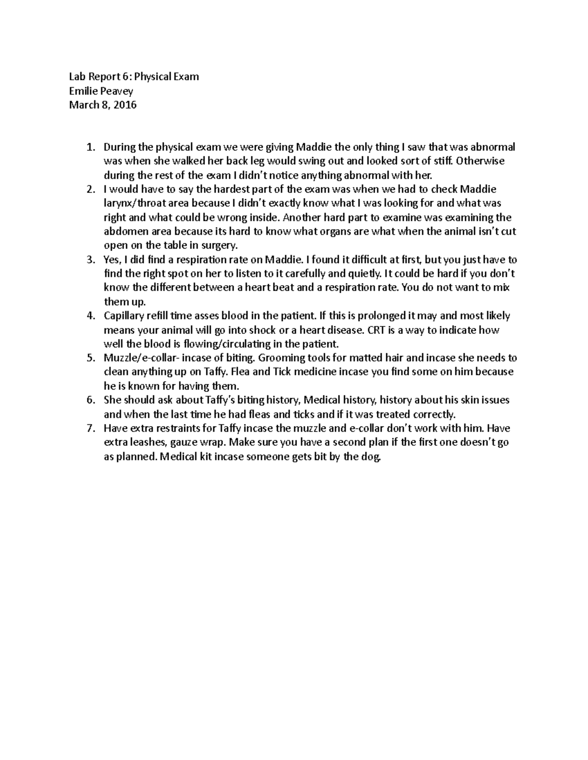 Lab Report 6- physical exam - Lab Report 6: Physical Exam Emilie Peavey ...