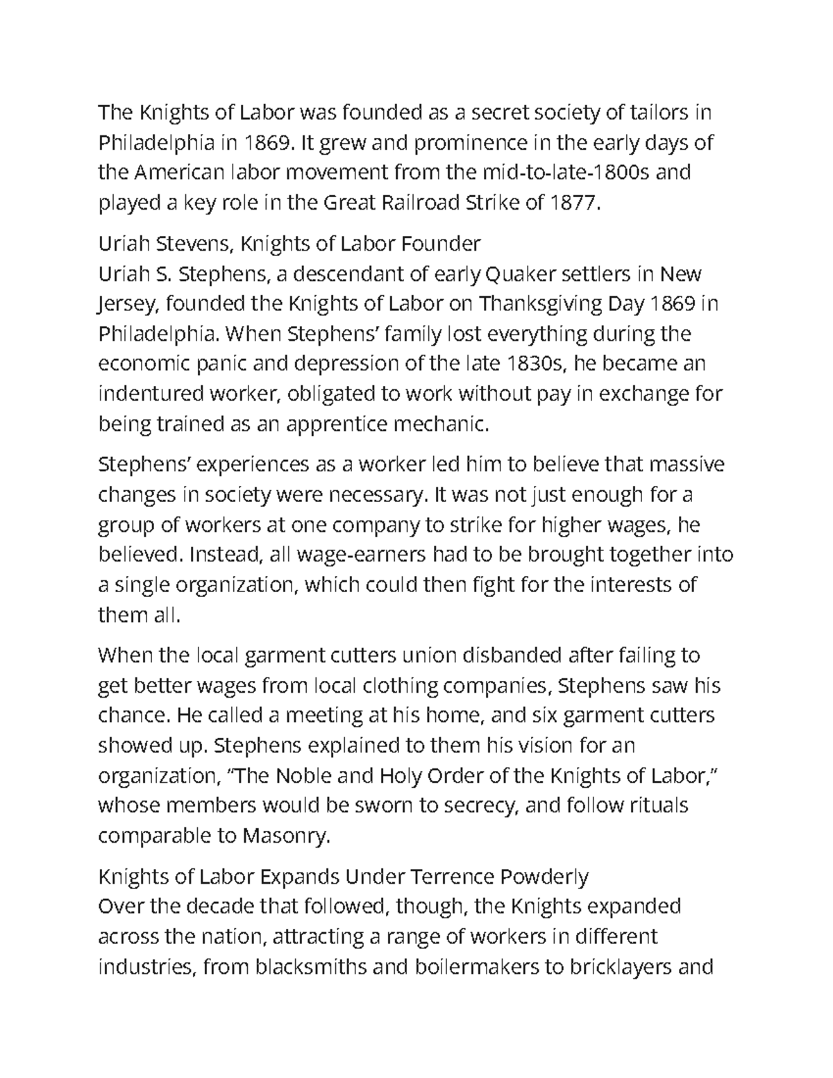 Knights Of Labor Notes - The Knights of Labor was founded as a secret ...