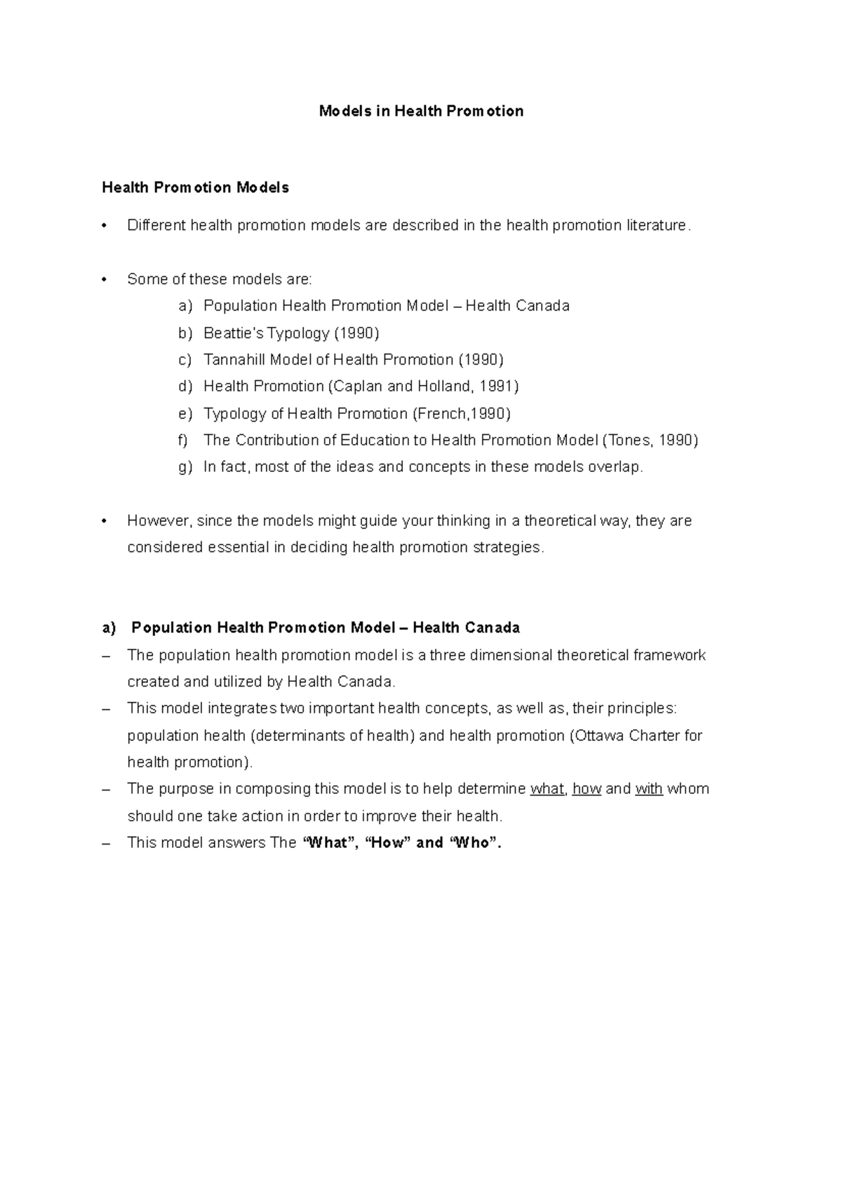 Models in Health Promotion - Models in Health Promotion Health ...