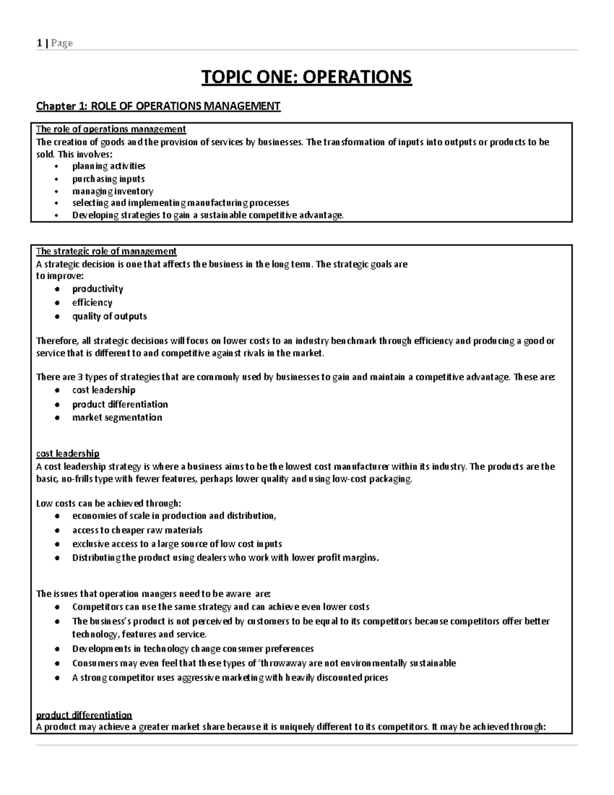 Operations notes - HSC BUSINESS - TOPIC ONE: OPERATIONS Chapter 1: ROLE ...
